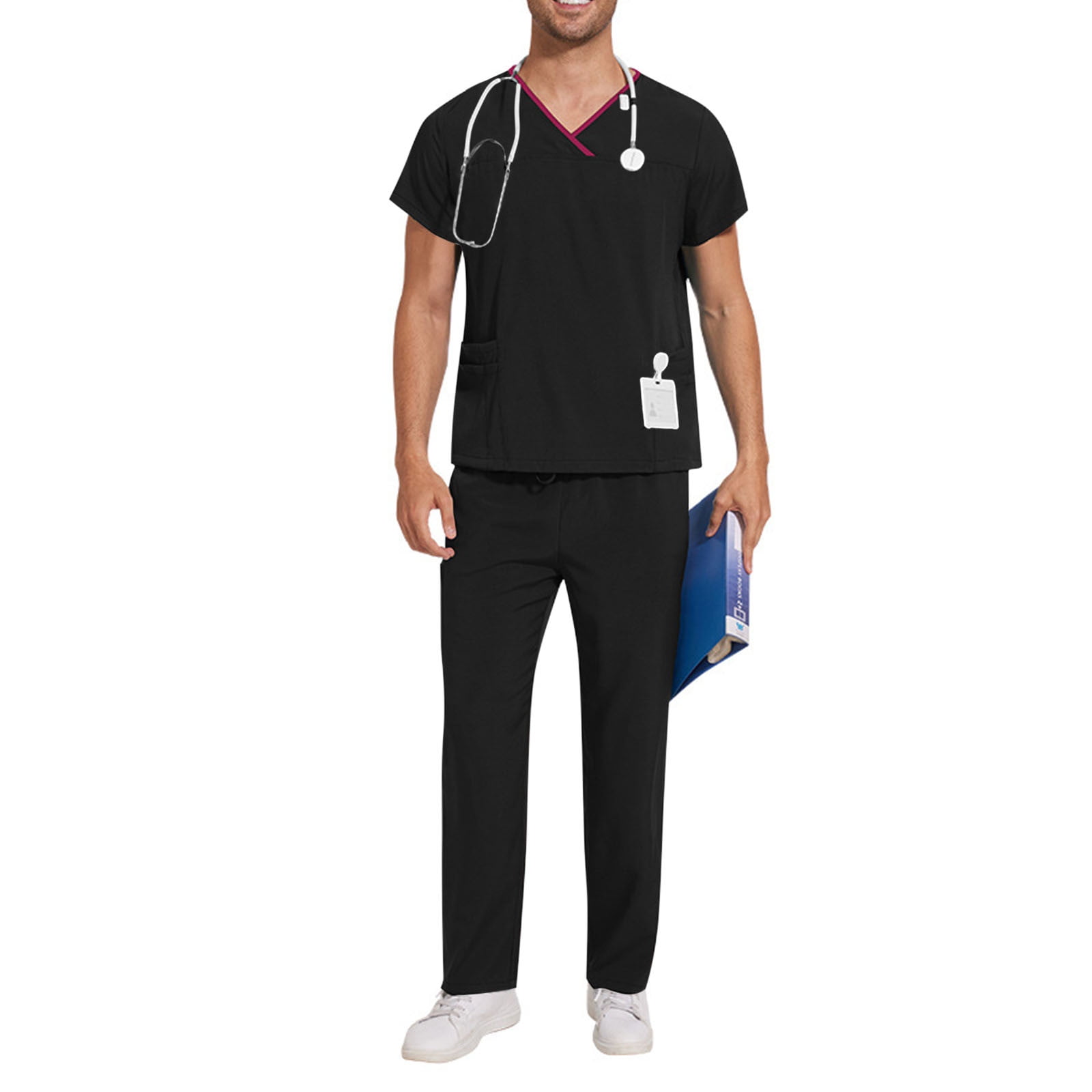 Pitauce Mens Scrubs Set, V-Neck Top and Straight Drawstring Pants ...
