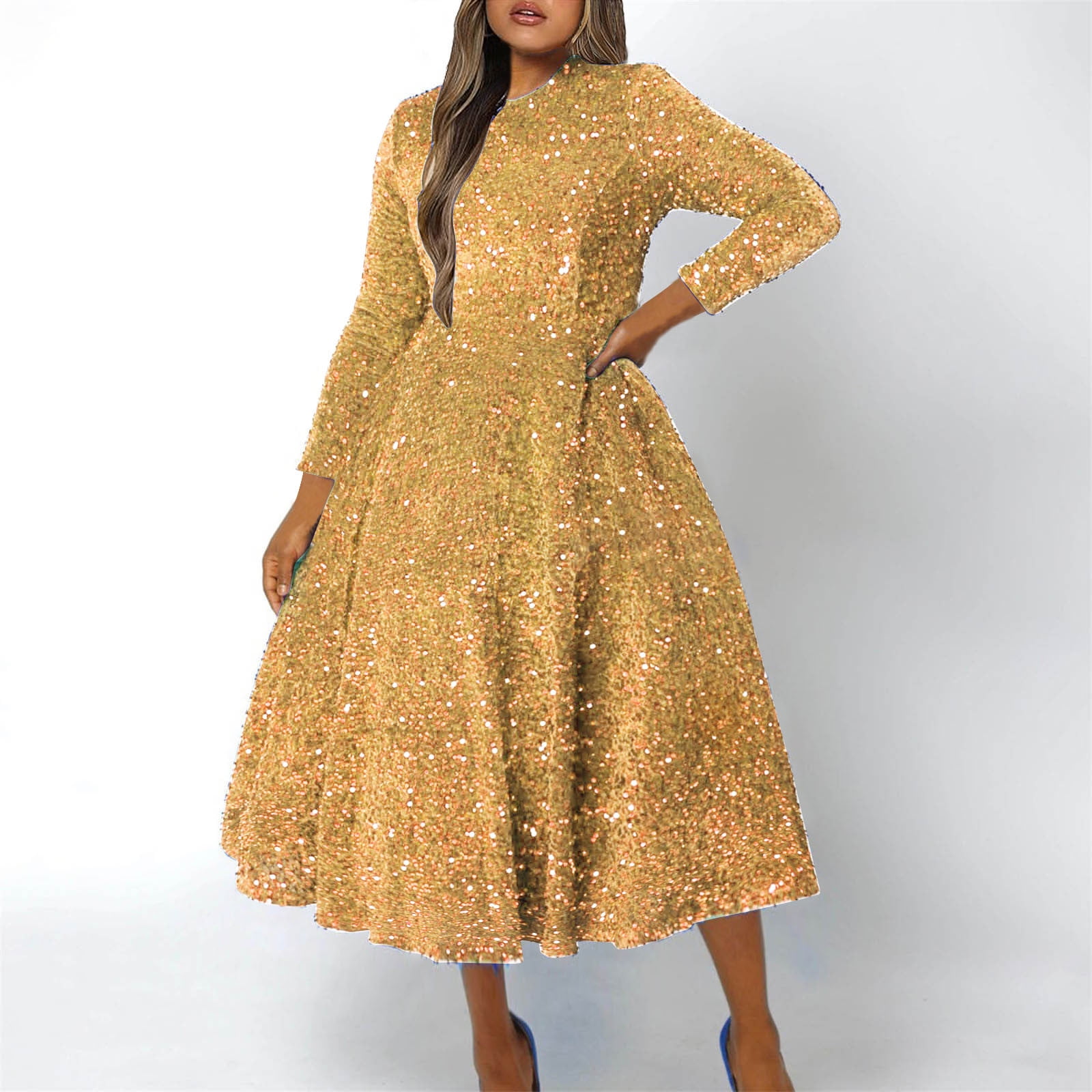 Pitauce Sequin Dresses for Women Solid Color Crew Neck Long Sleeve Midi ...