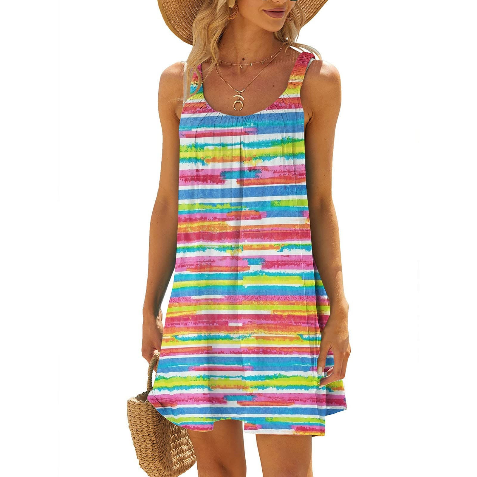 Pitauce Sundresses for Women Dye-Tie Crew Neck Sleeveless Pleated ...