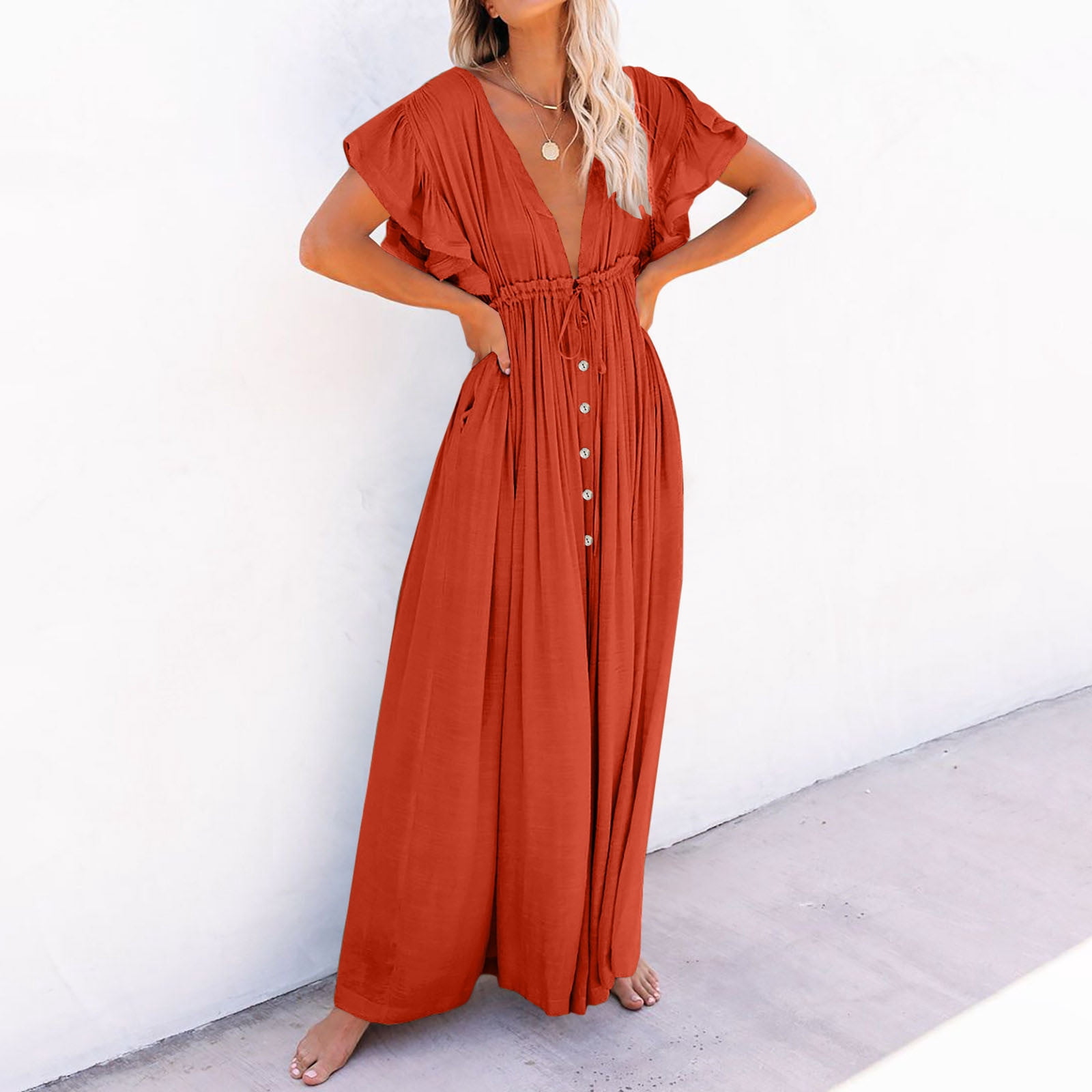Pitauce Swimsuit Coverup for Women Button Drawstring Beach Maxi Dress V ...