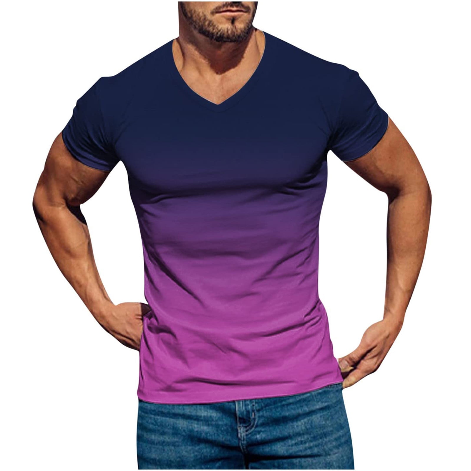 Pitauce T Shirts for Men Muscle Slim Fit T Shirt V-Neck Gradient Shirt ...
