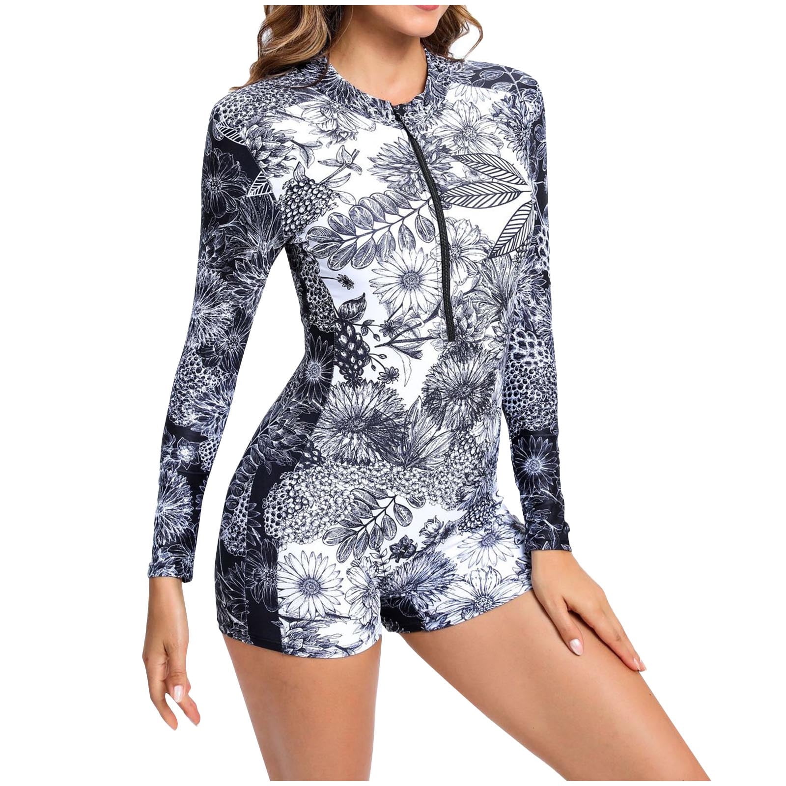 Pitauce Women Front Zipper Long Sleeve One Piece Swimsuit Modest Full ...