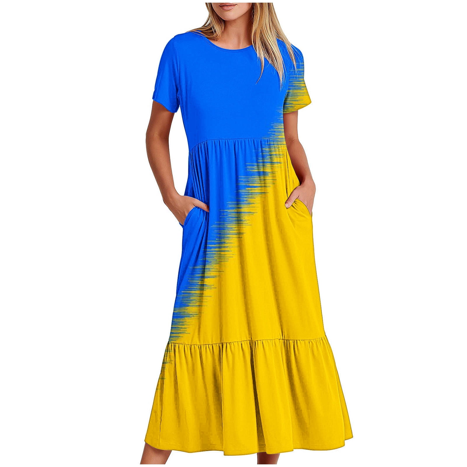 Pitauce Women's Summer Dress Colorblock Crew Neck Short Sleeve T-Shirt ...