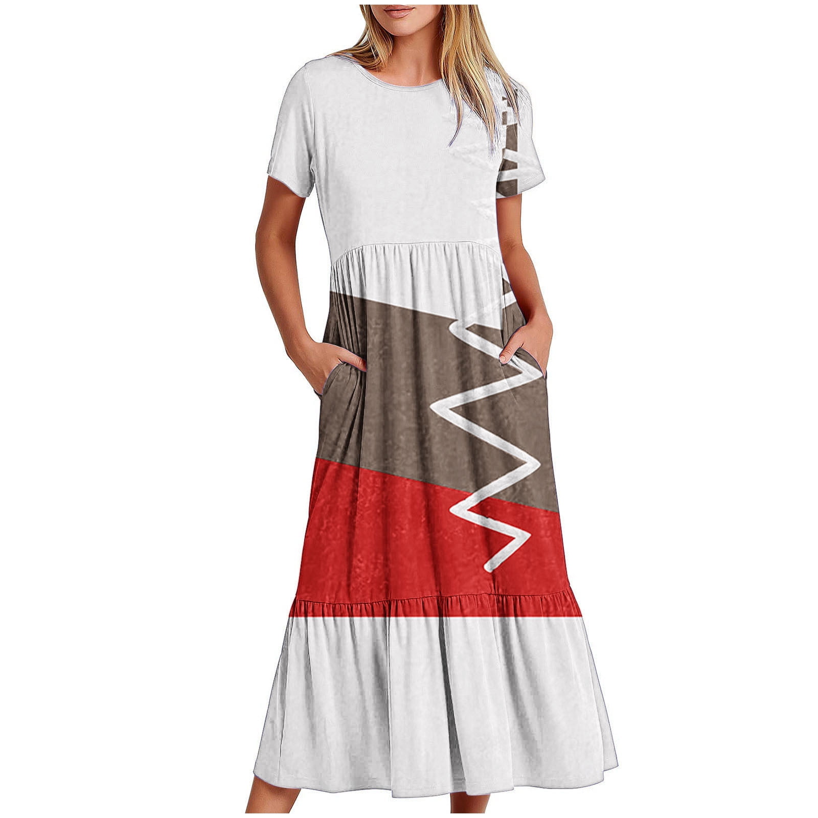 Pitauce Women's Summer Dress Colorblock Crew Neck Short Sleeve T-Shirt ...