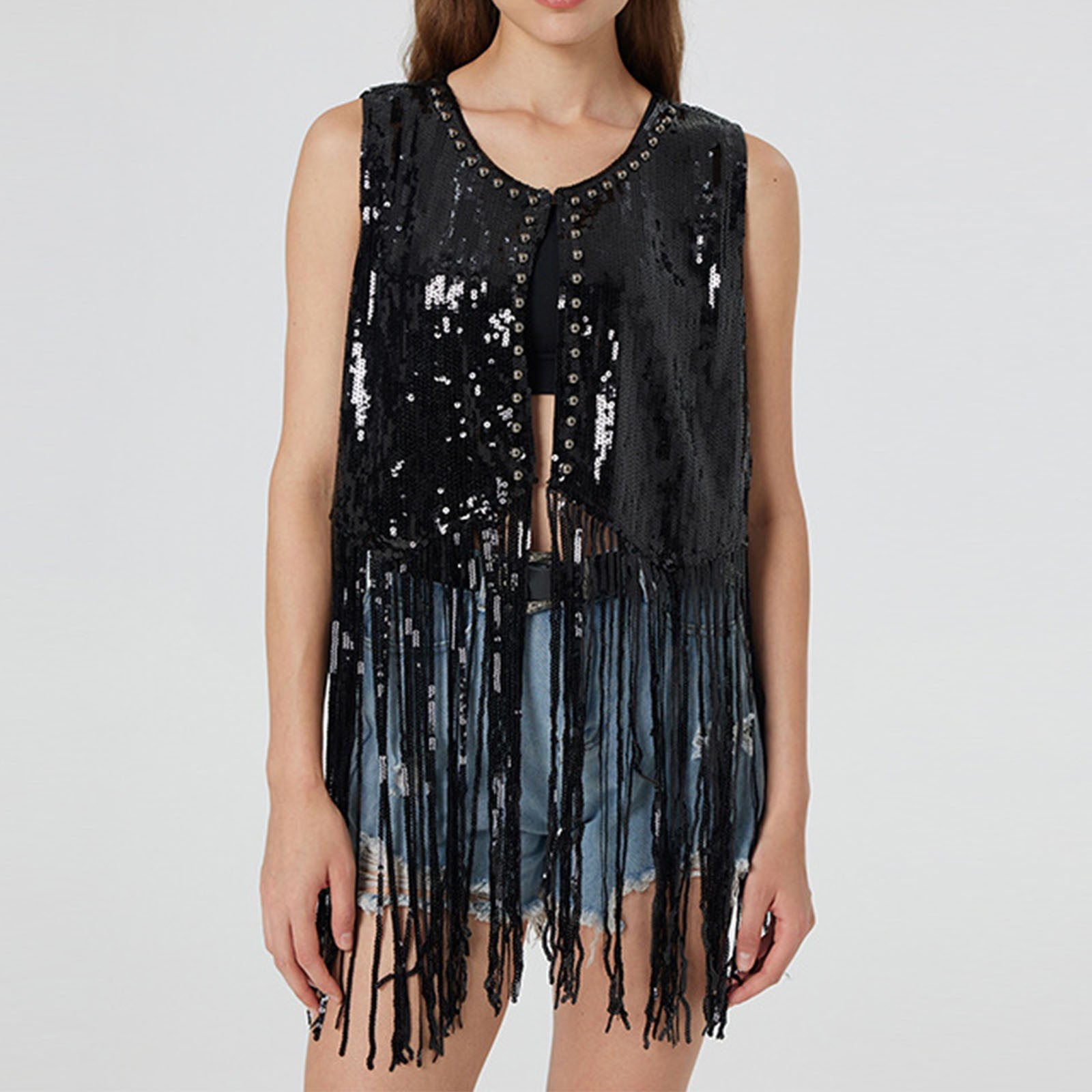 Pitauce Womens Sequin Fringe Vest Sparkly Tassels Jacket Sleeveless ...