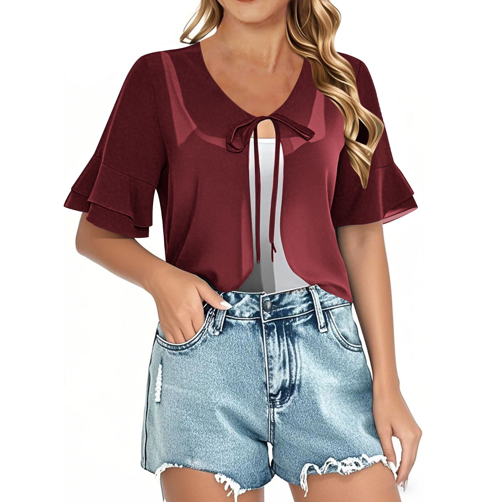 Pitauce Womens Tie Front Cardigan Ruffle Short Sleeve Cropped Chiffon ...
