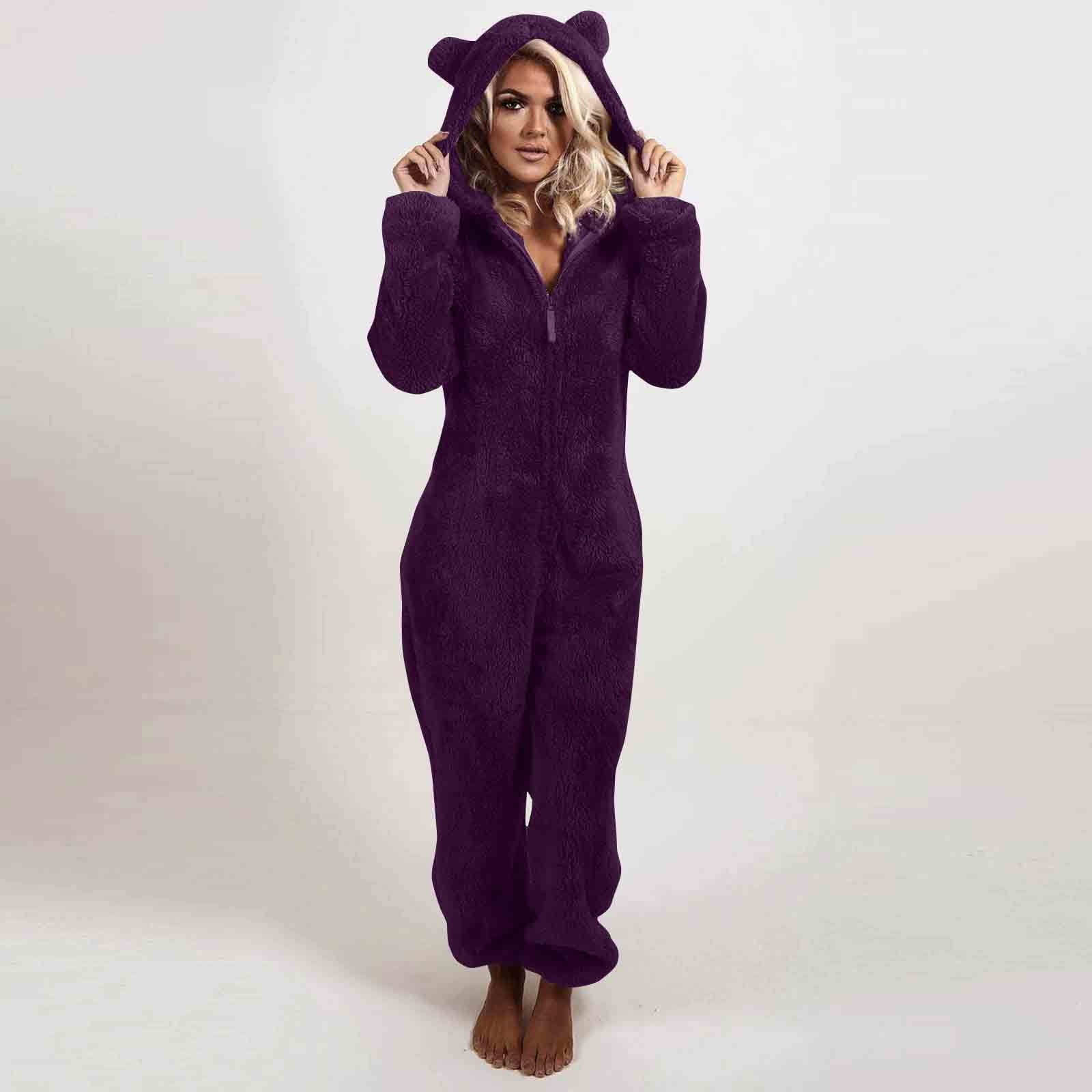 Pitauce Womens Winter Warm One Piece Jumpsuit Zipper Up Fleece Pajamas ...