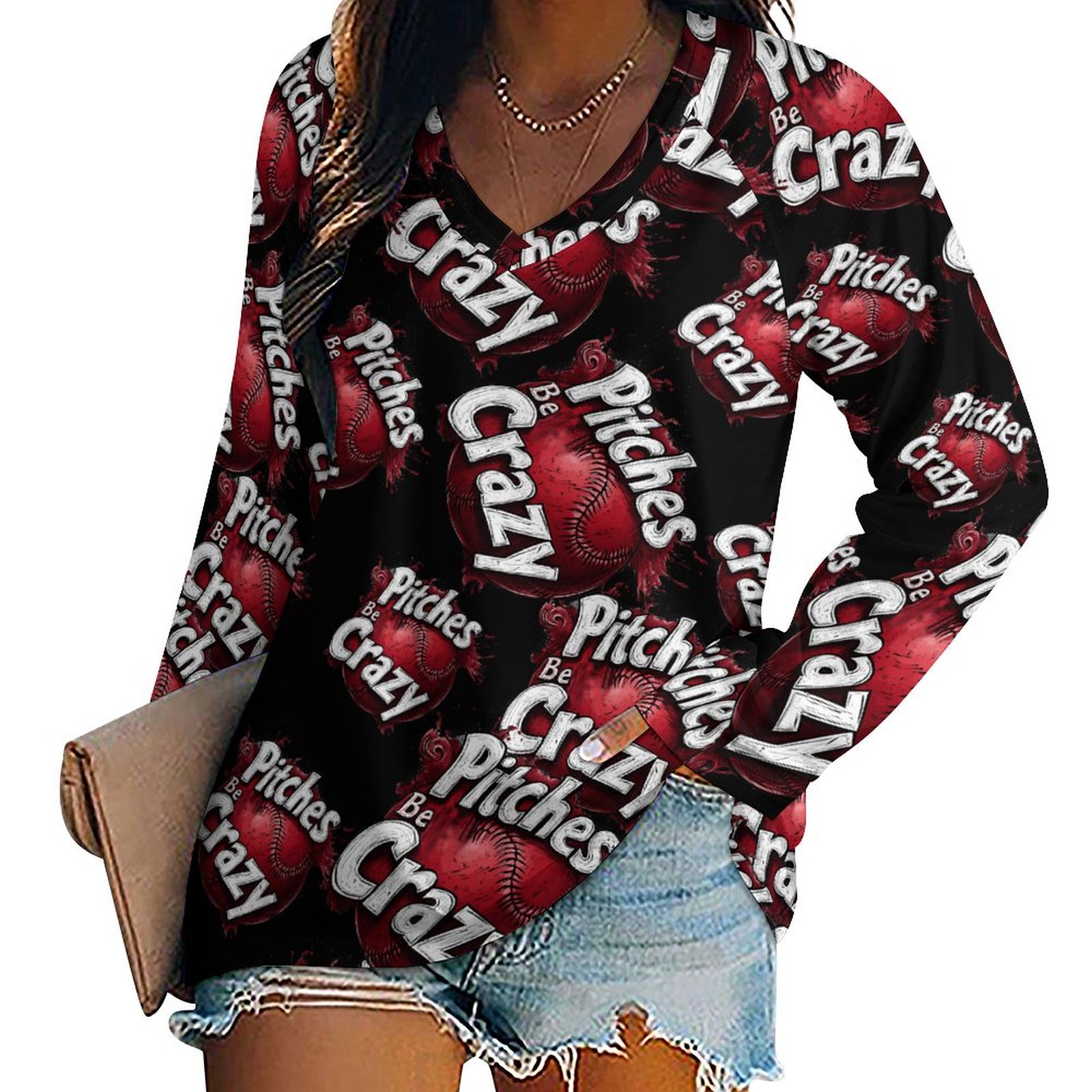 Pitches Be Crazy Funny Baseball Long Sleeve T Shirts for Women V Neck ...