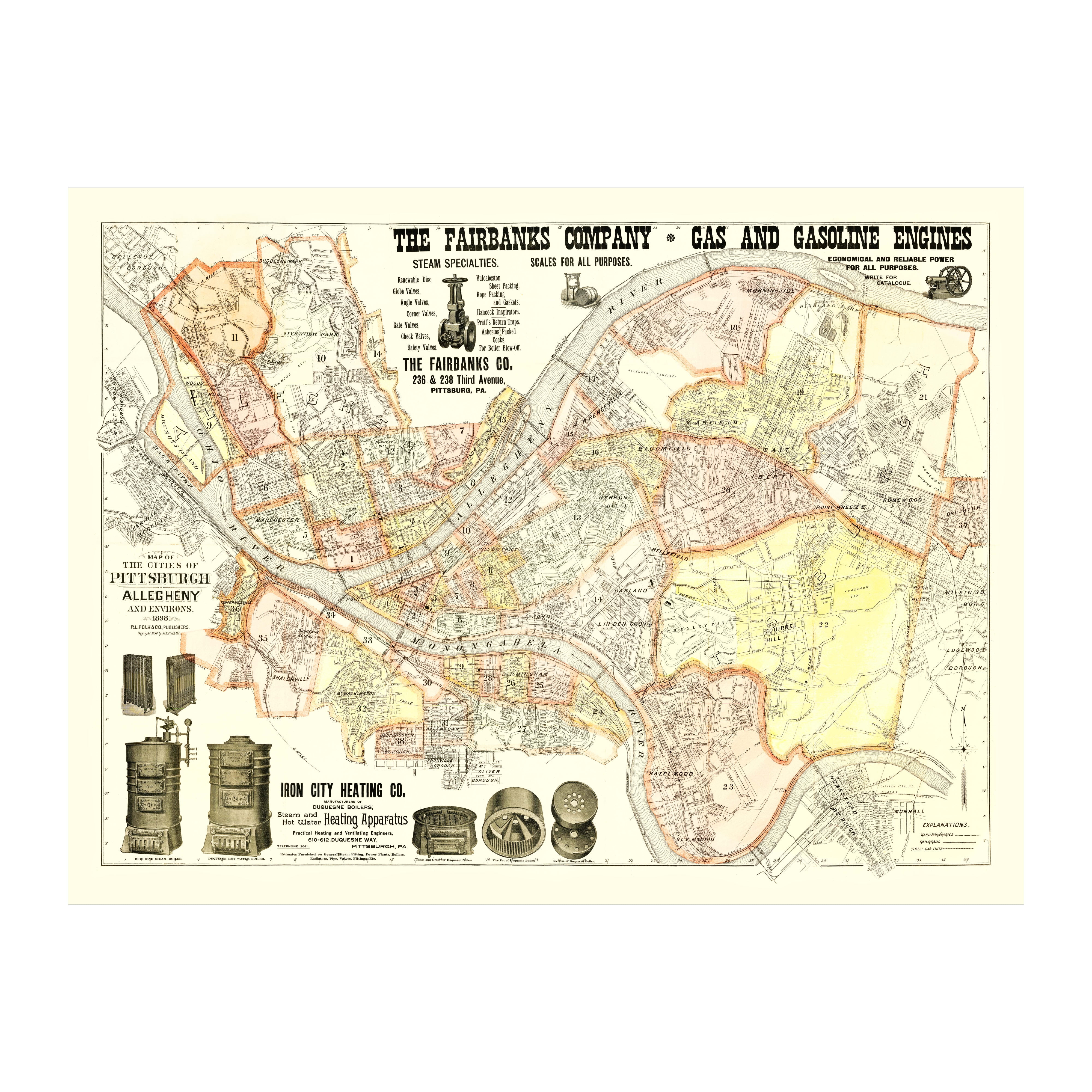 Pittsburgh Art, 1898 Vintage Map of Pittsburgh Pennsylvania, PA History ...
