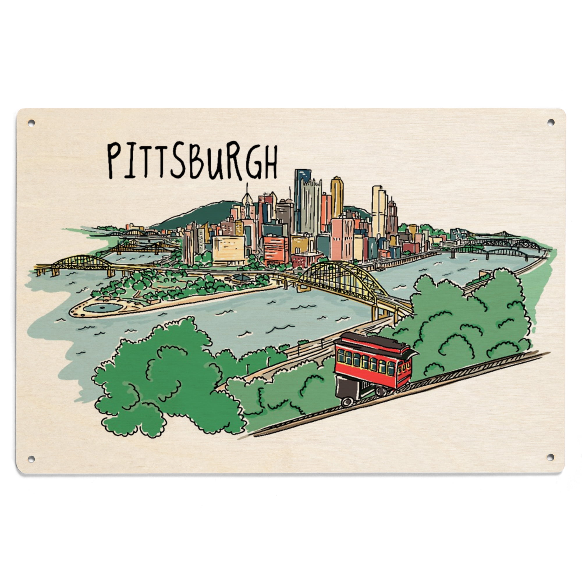 Pittsburgh, Pennsylvania, Line Drawing Birch Wood Wall Sign (6x9 Rustic ...