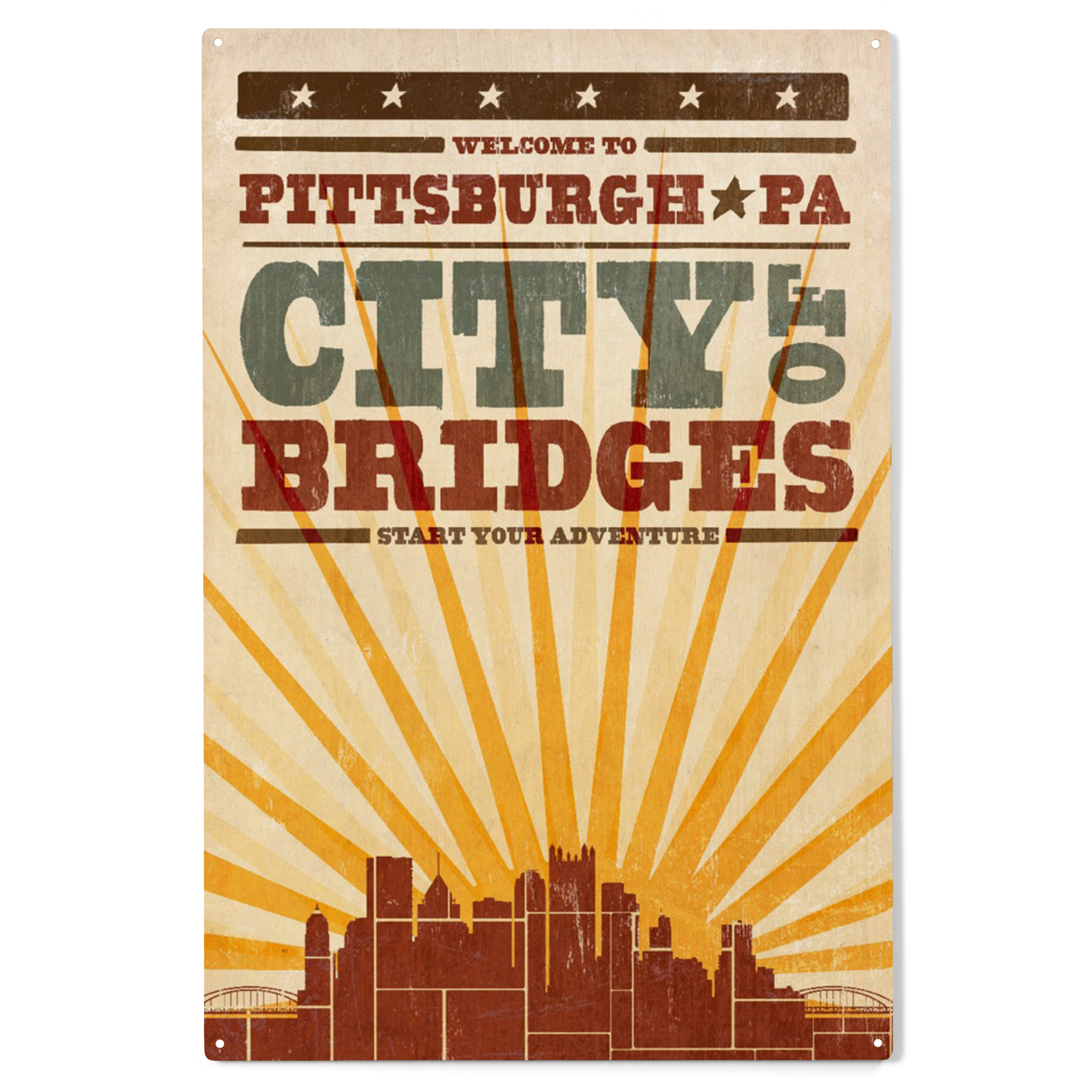 Pittsburgh, Pennsylvania, Skyline and Sunburst Screenprint Style Birch ...