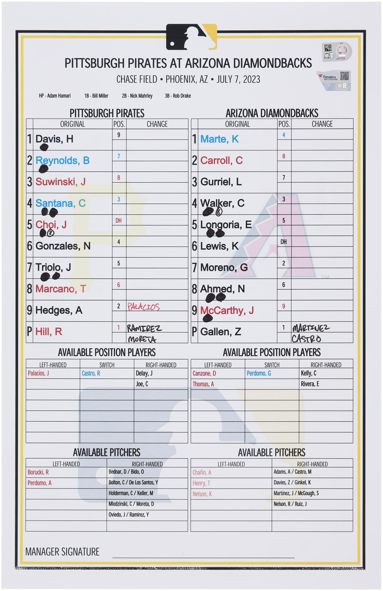 Pittsburgh Pirates Game-Used Lineup Card vs. Arizona Diamondbacks on ...