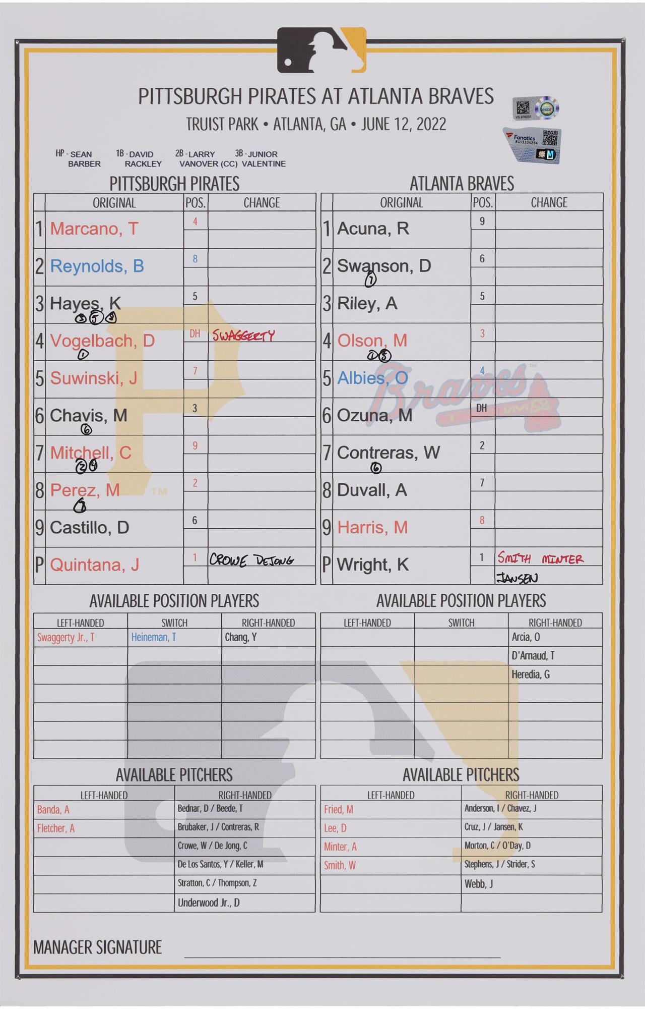 Pittsburgh Pirates Game-Used Lineup Card vs. Atlanta Braves on June 12 ...