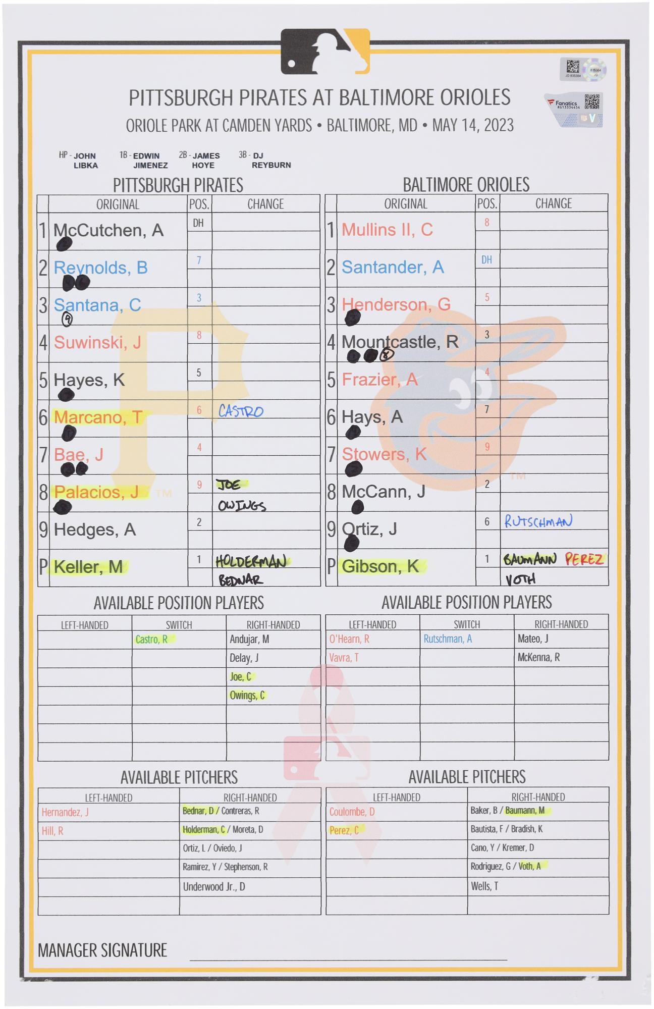 Pittsburgh Pirates Game-Used Lineup Card vs. Baltimore Orioles on May ...