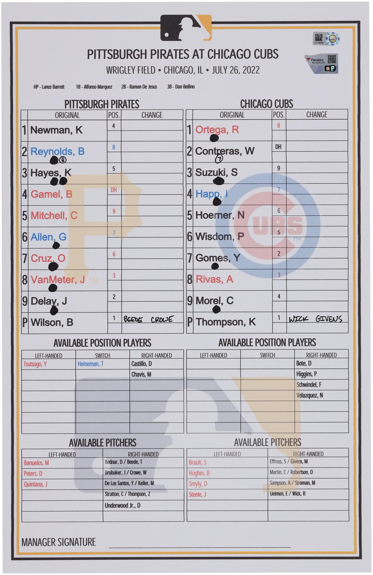 Pittsburgh Pirates Game-Used Lineup Card vs. Chicago Cubs on July 26 ...