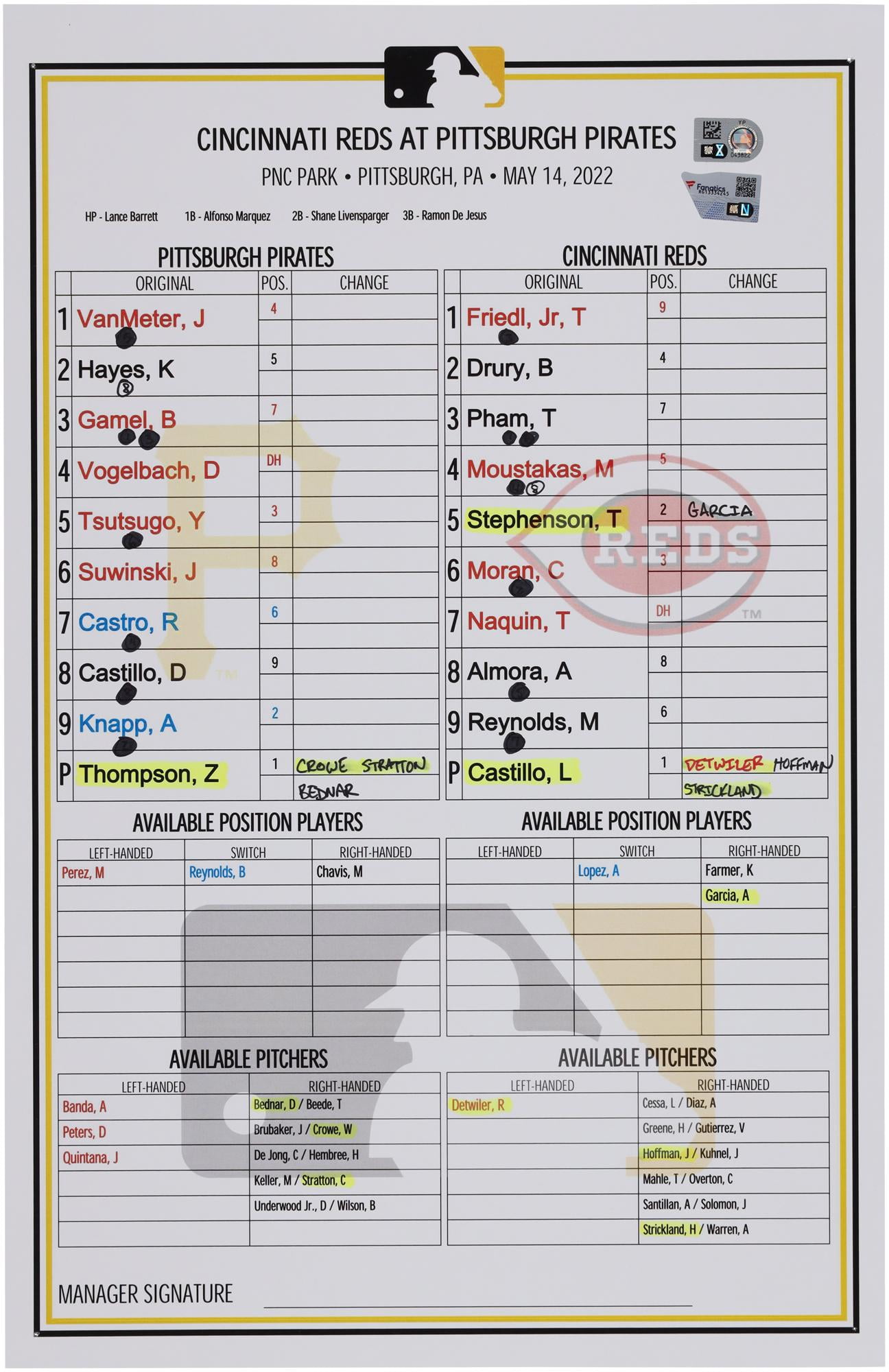 Pittsburgh Pirates Game-Used Lineup Card vs. Cincinnati Reds on May 14 ...