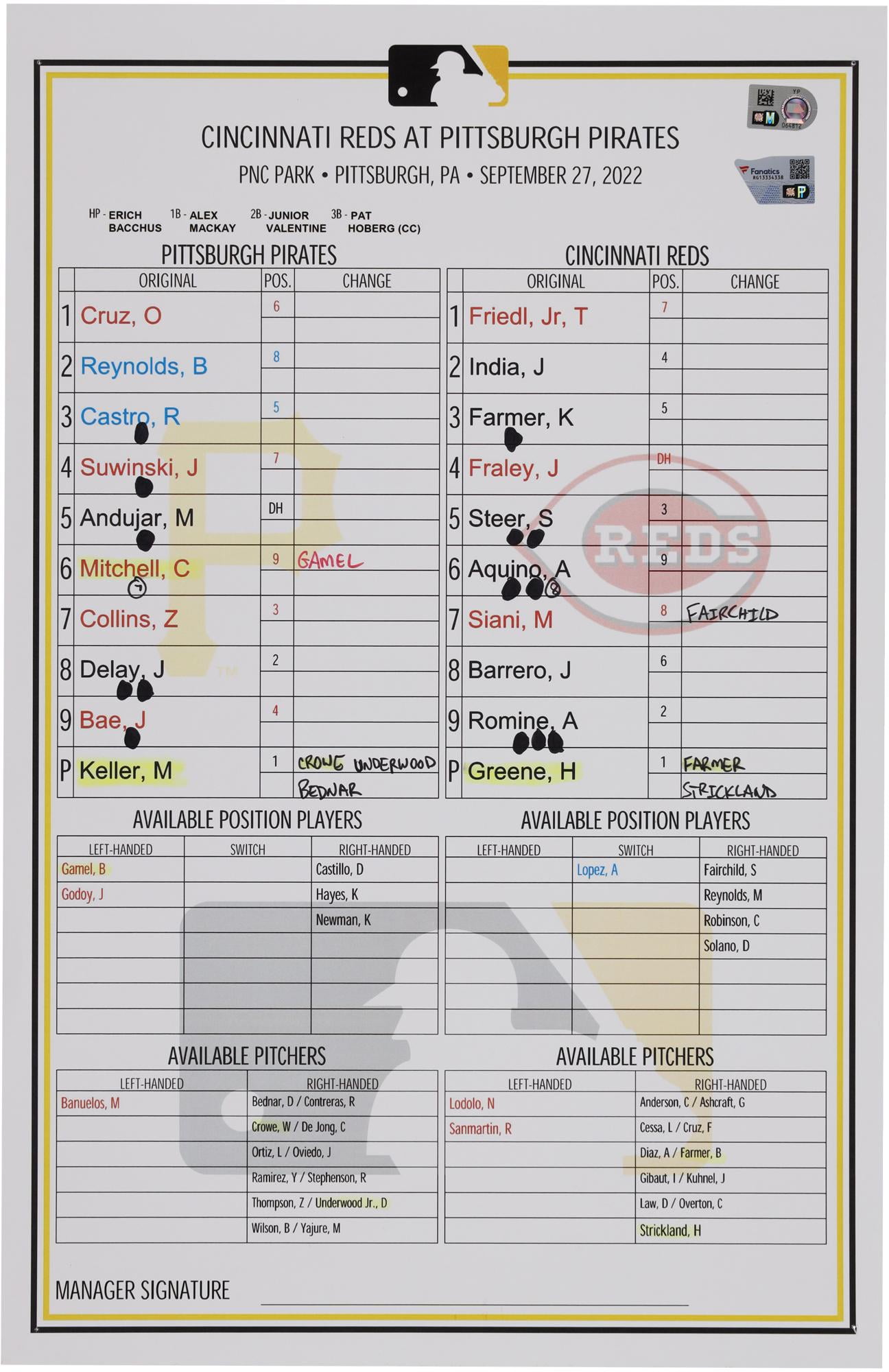 Pittsburgh Pirates Game-Used Lineup Card vs. Cincinnati Reds on ...