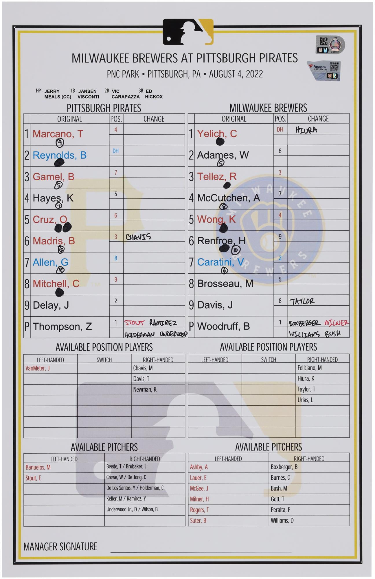 Pittsburgh Pirates Game-Used Lineup Card vs. Milwaukee Brewers on ...
