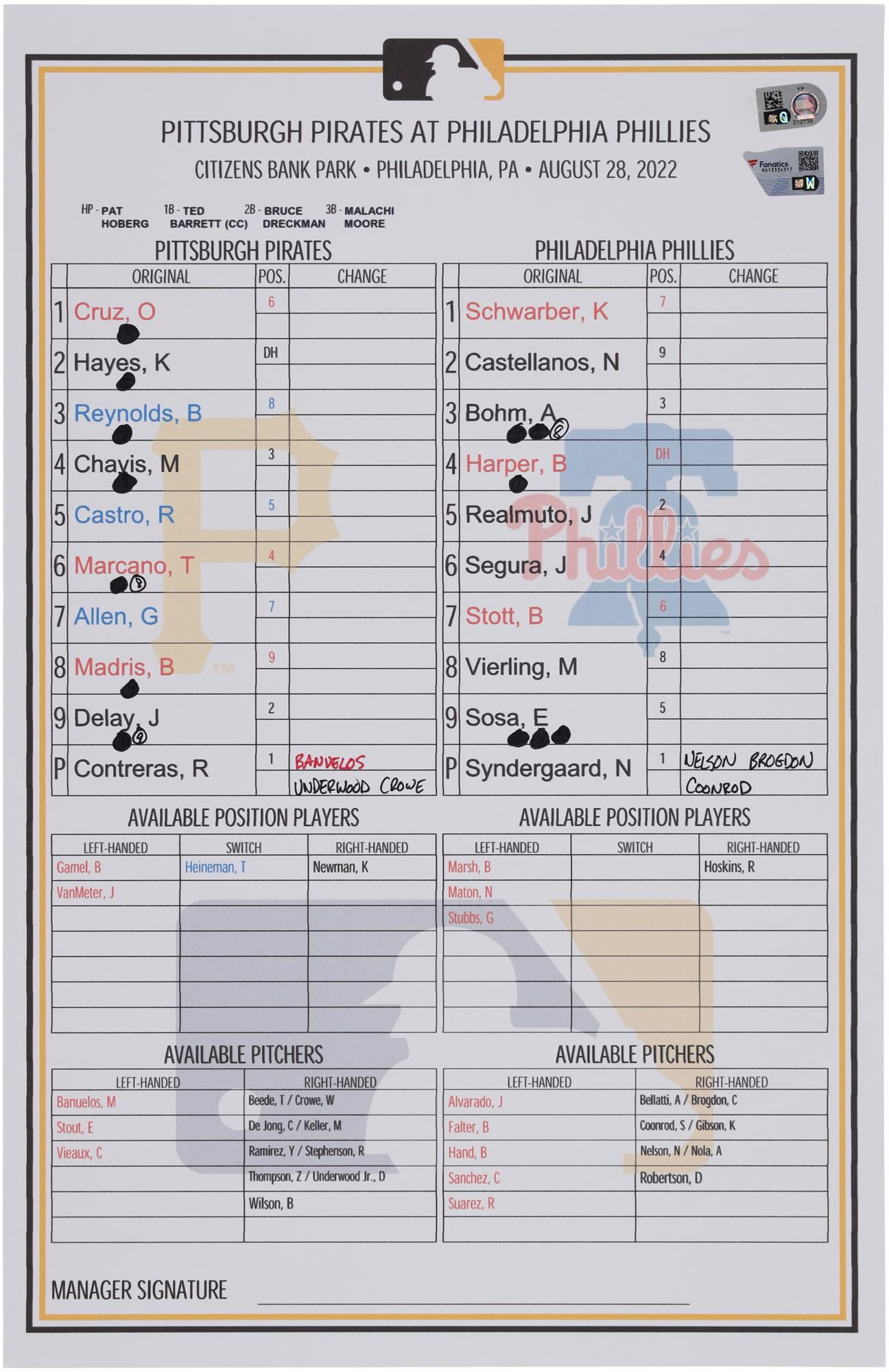 Pittsburgh Pirates Game-Used Lineup Card vs. Philadelphia Phillies on ...