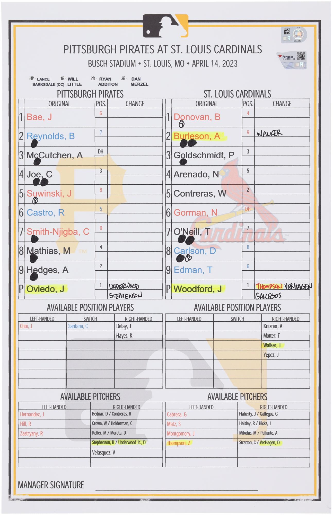 Pittsburgh Pirates Game-Used Lineup Card vs. St. Louis Cardinals on ...