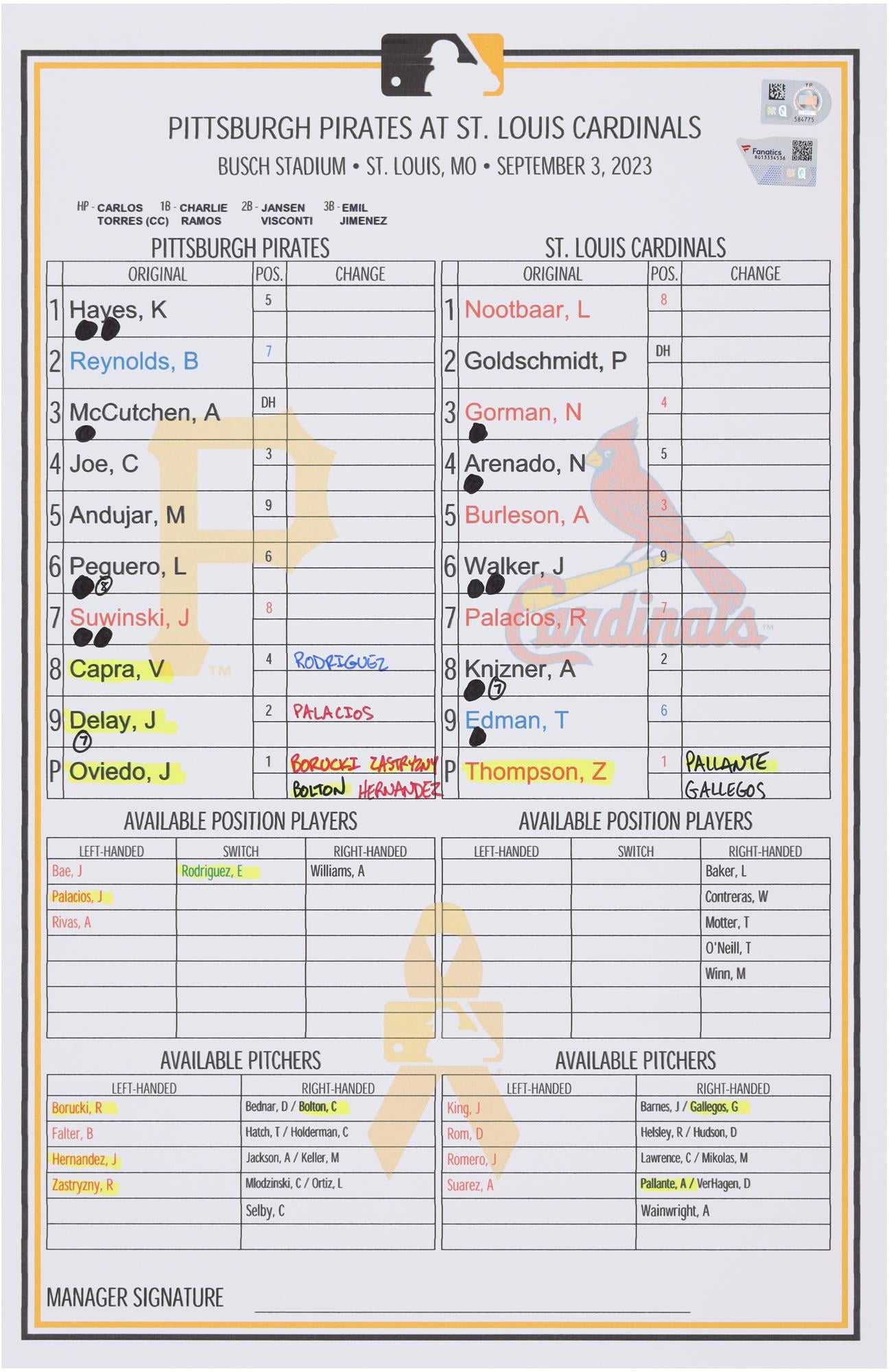 Pittsburgh Pirates Game-Used Lineup Card vs. St. Louis Cardinals on ...