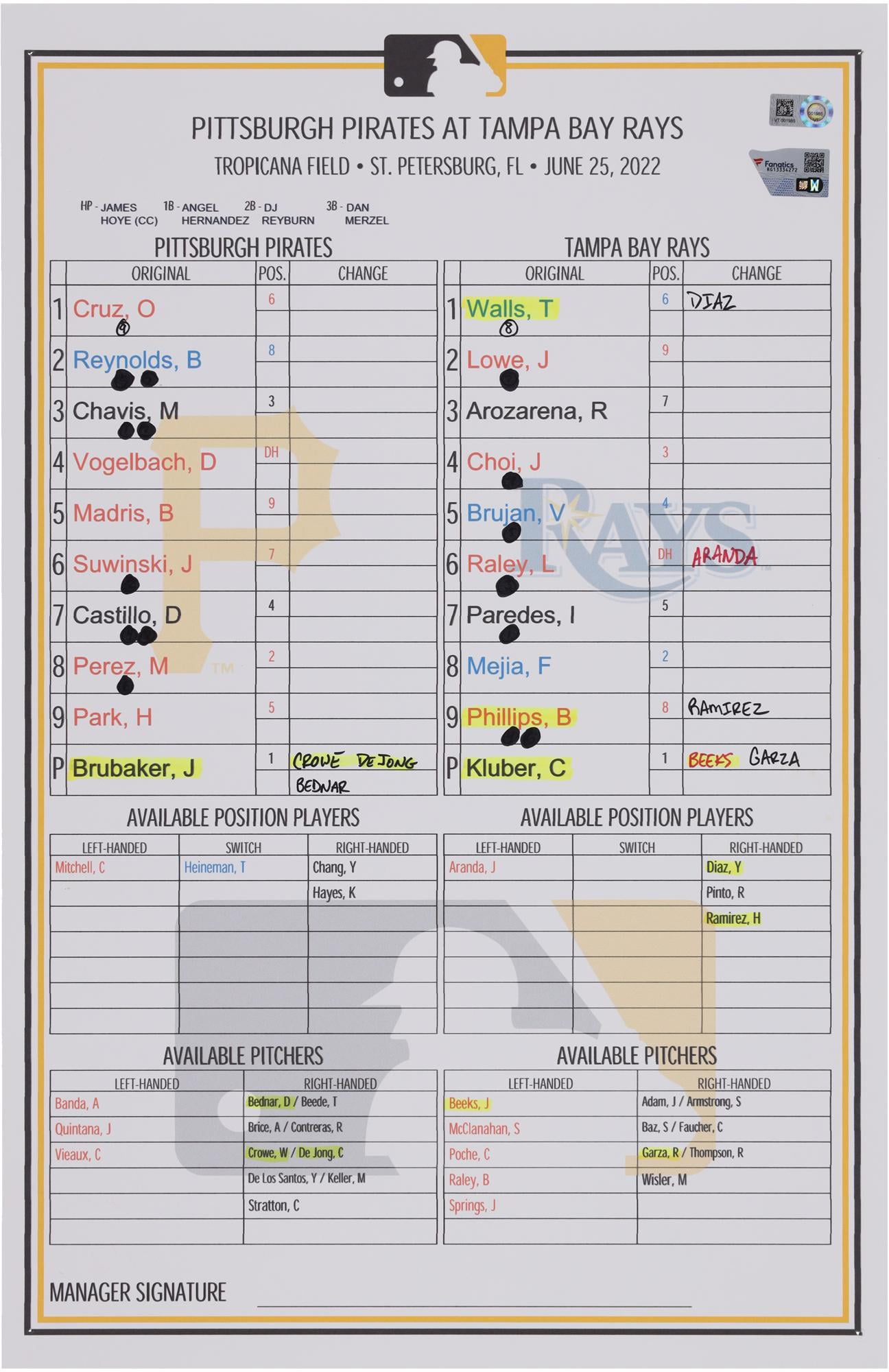 Pittsburgh Pirates Game-Used Lineup Card vs. Tampa Bay Rays on June 25 ...