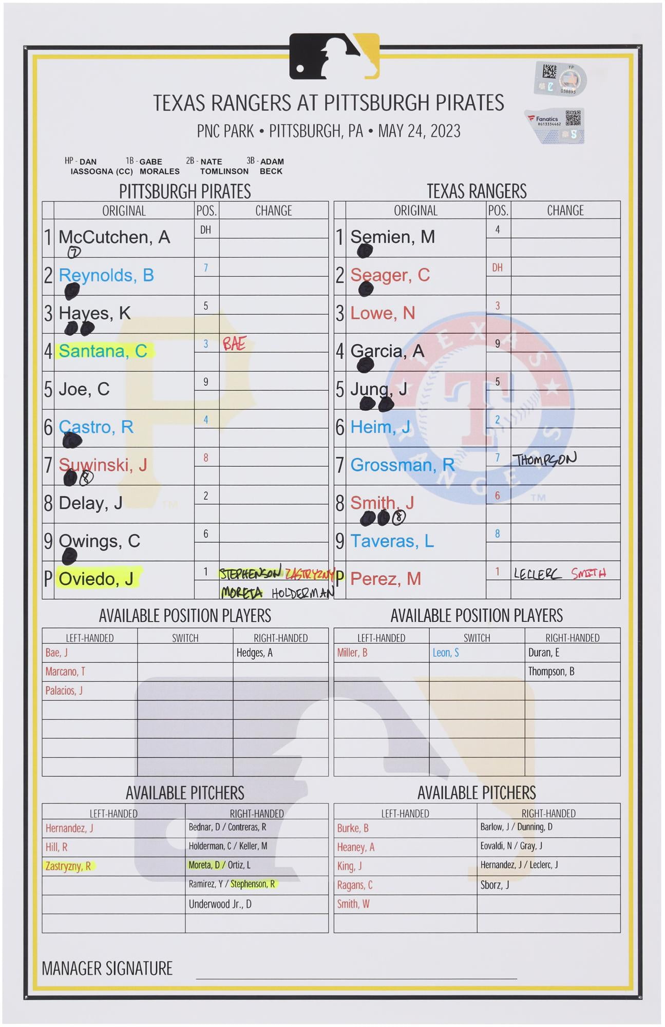 Pittsburgh Pirates Game-Used Lineup Card vs. Texas Rangers on May 24 ...