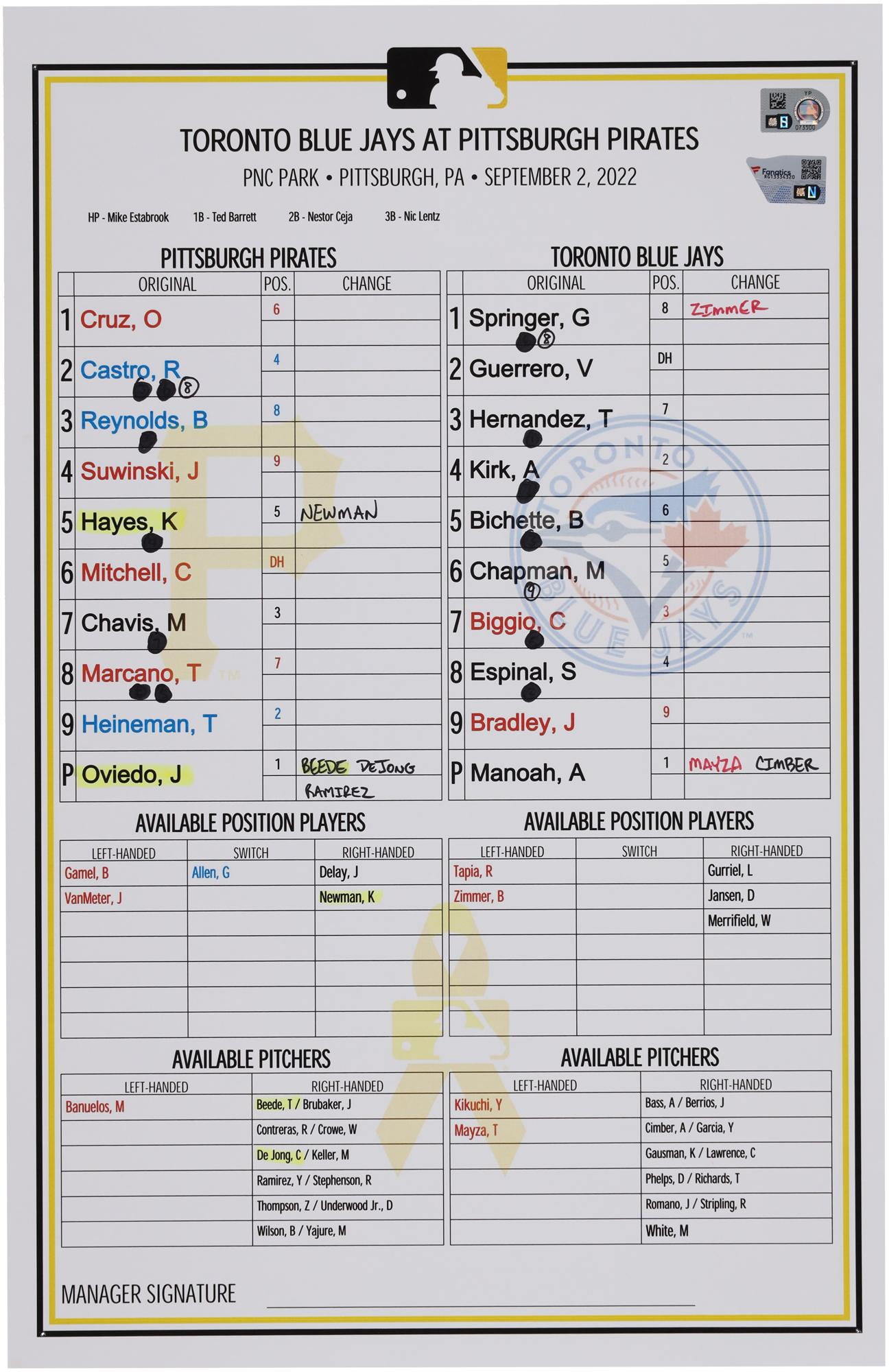 Pittsburgh Pirates Game-Used Lineup Card vs. Toronto Blue Jays on ...