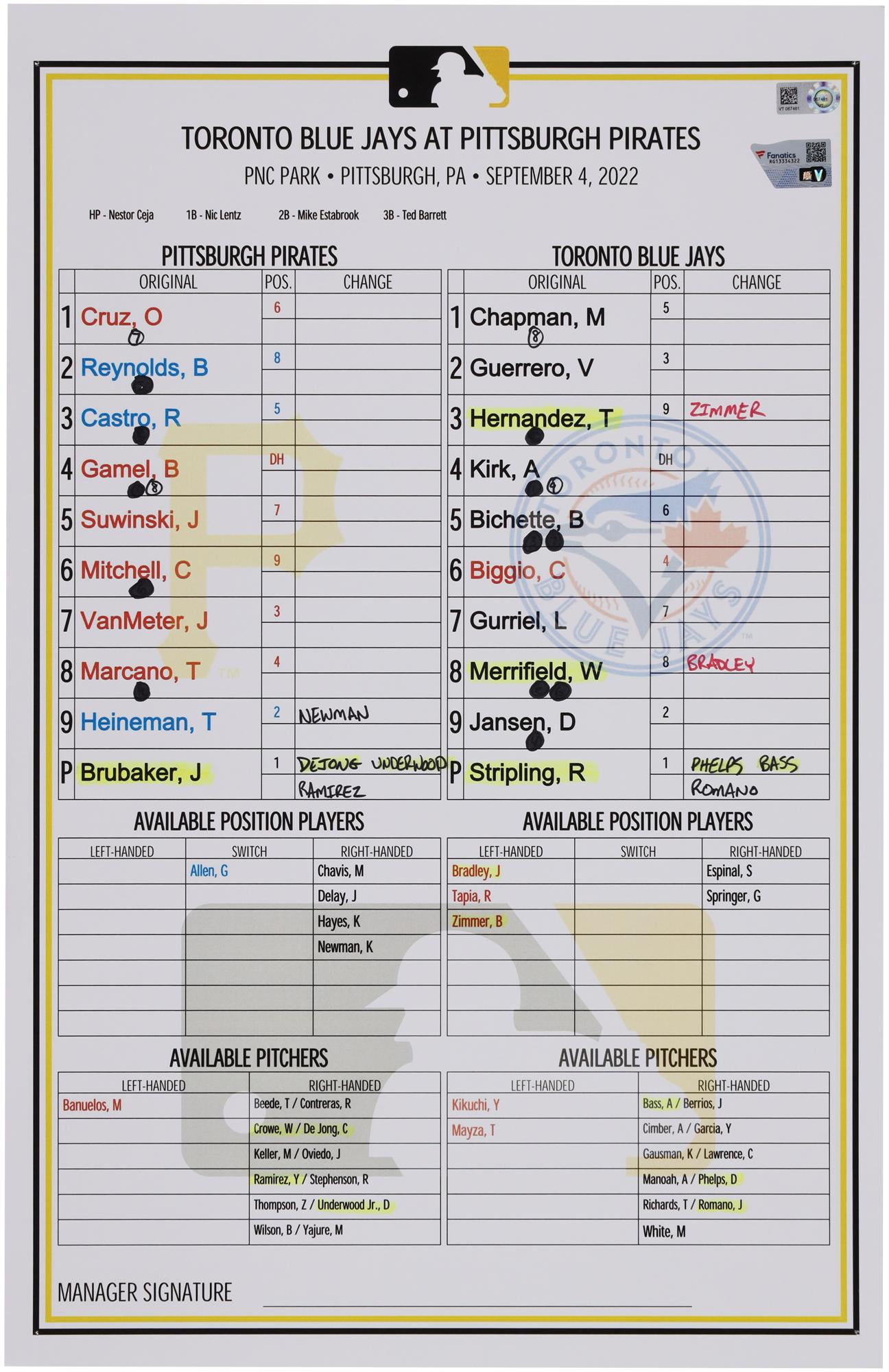 Pittsburgh Pirates Game-Used Lineup Card vs. Toronto Blue Jays on ...