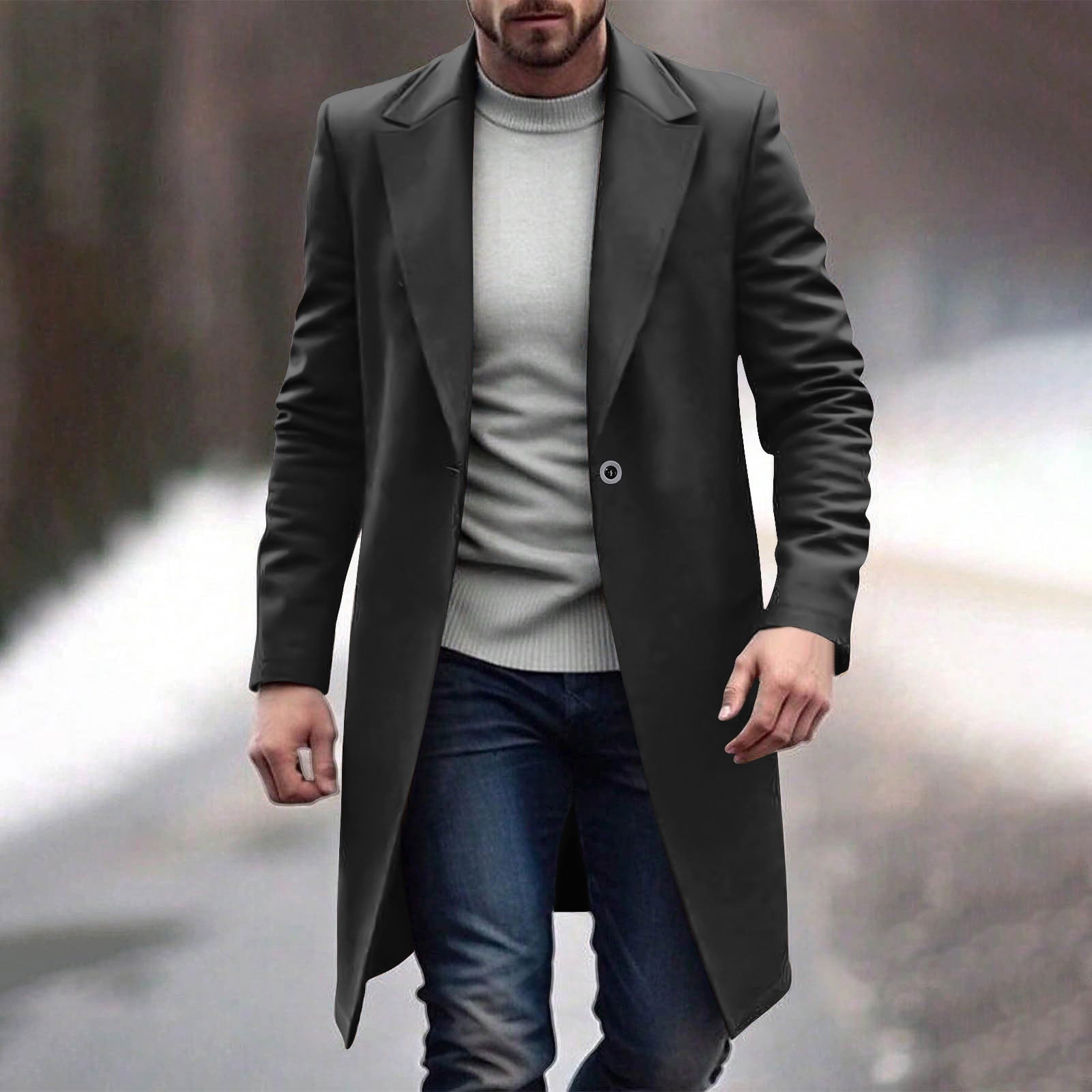 Miqool Trench Coat Men Slim Fit Wool Coat Single Button Business Casual ...