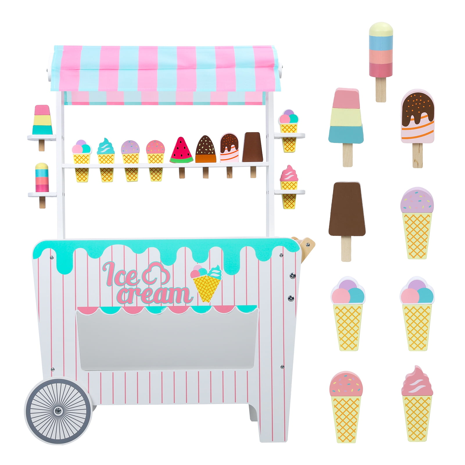 Piweml Wooden Ice Cream Cart Toys for Kids, Pretend Play Food Trunk Toy ...