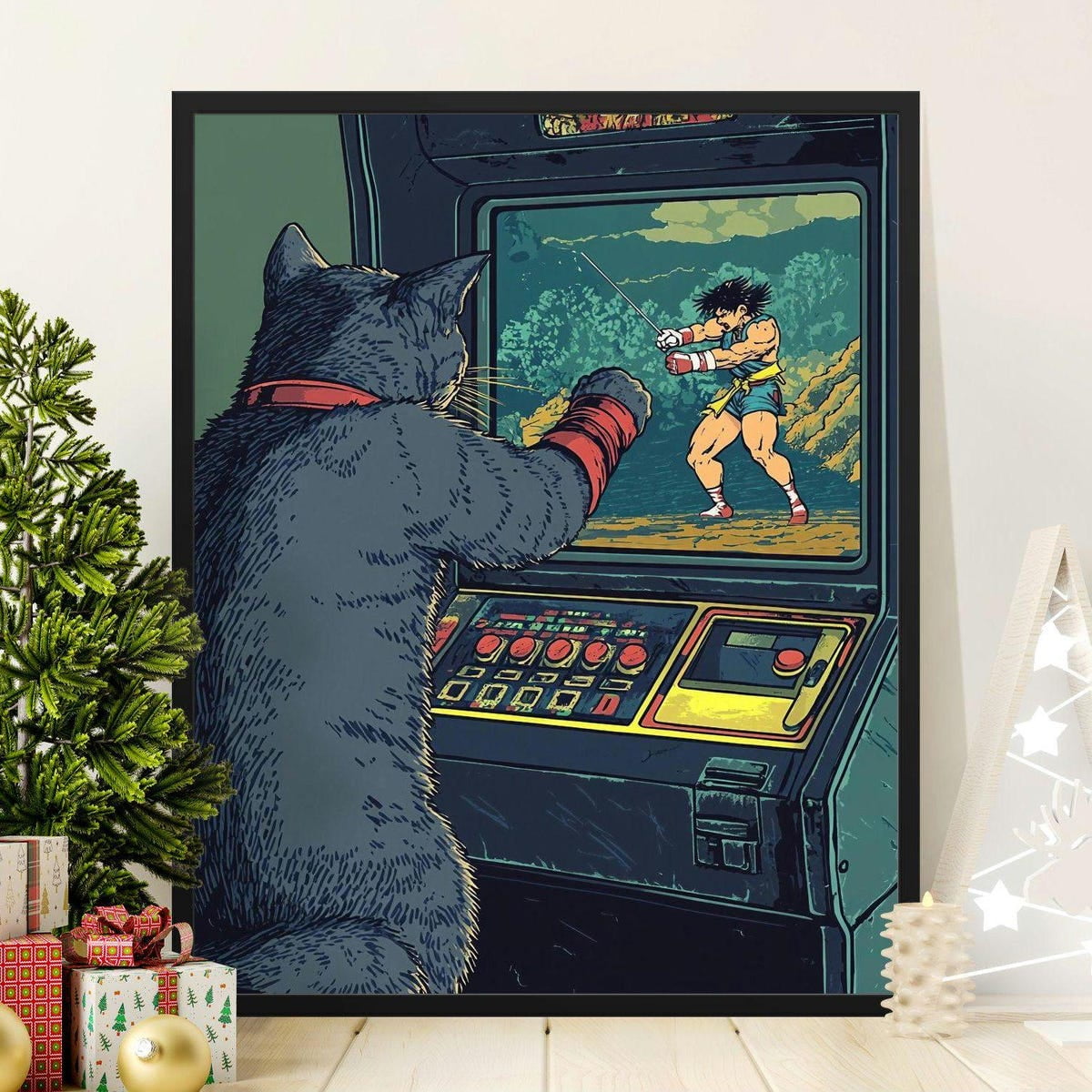 Pixel Art Retro Arcade Cat Poster, Cat Playing Video Game Poster, Cool ...