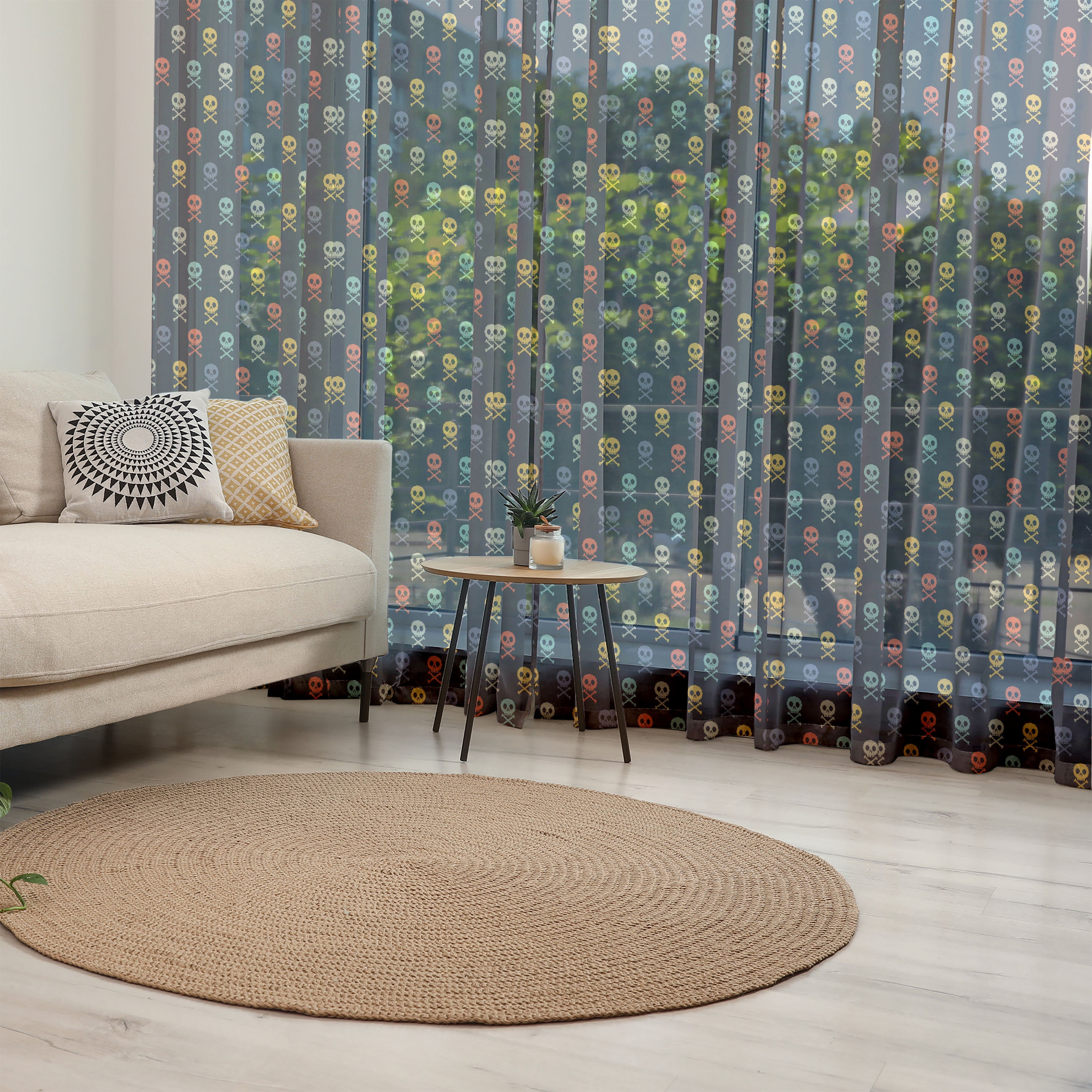 Pixel Art Tulle Curtains with Rod Pocket, Skull with Bones Pirate ...