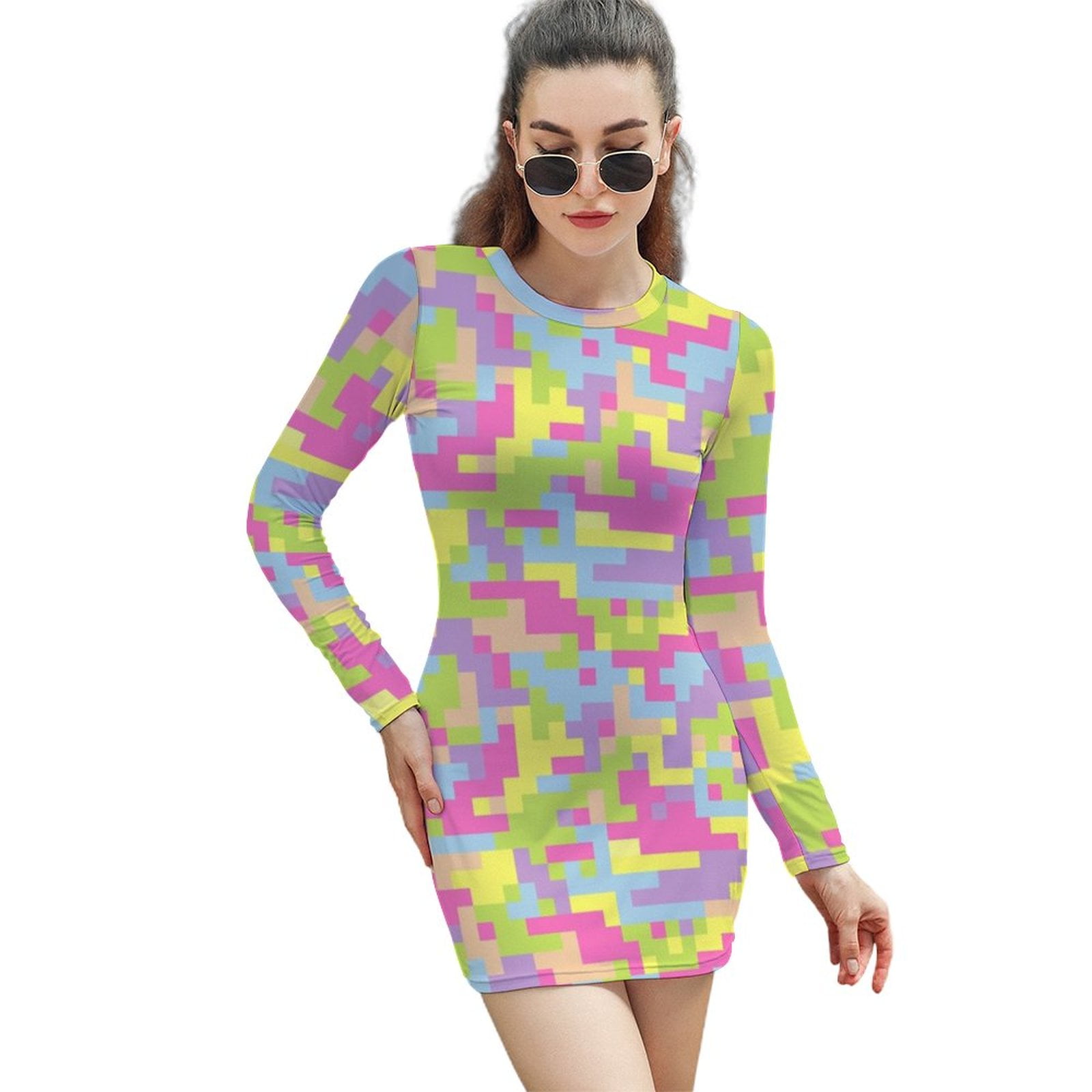 Pixel Barf Long Sleeved Dress Print A-Line Party Dress Women Pocket ...