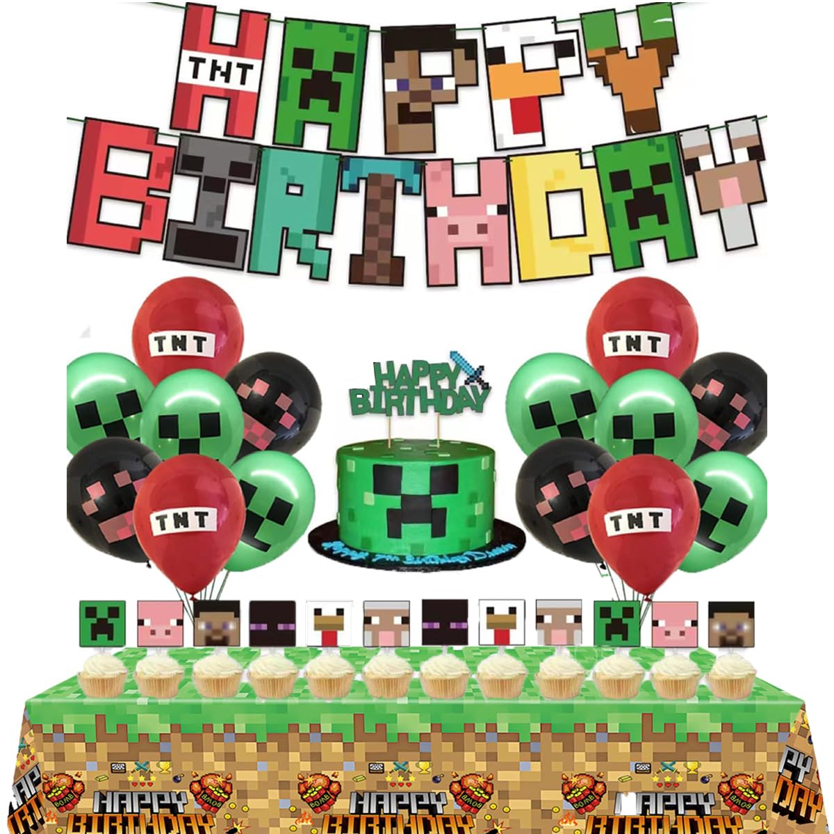 Pixel Birthday Party Decoration, Includes Happy Birthday Banner ...