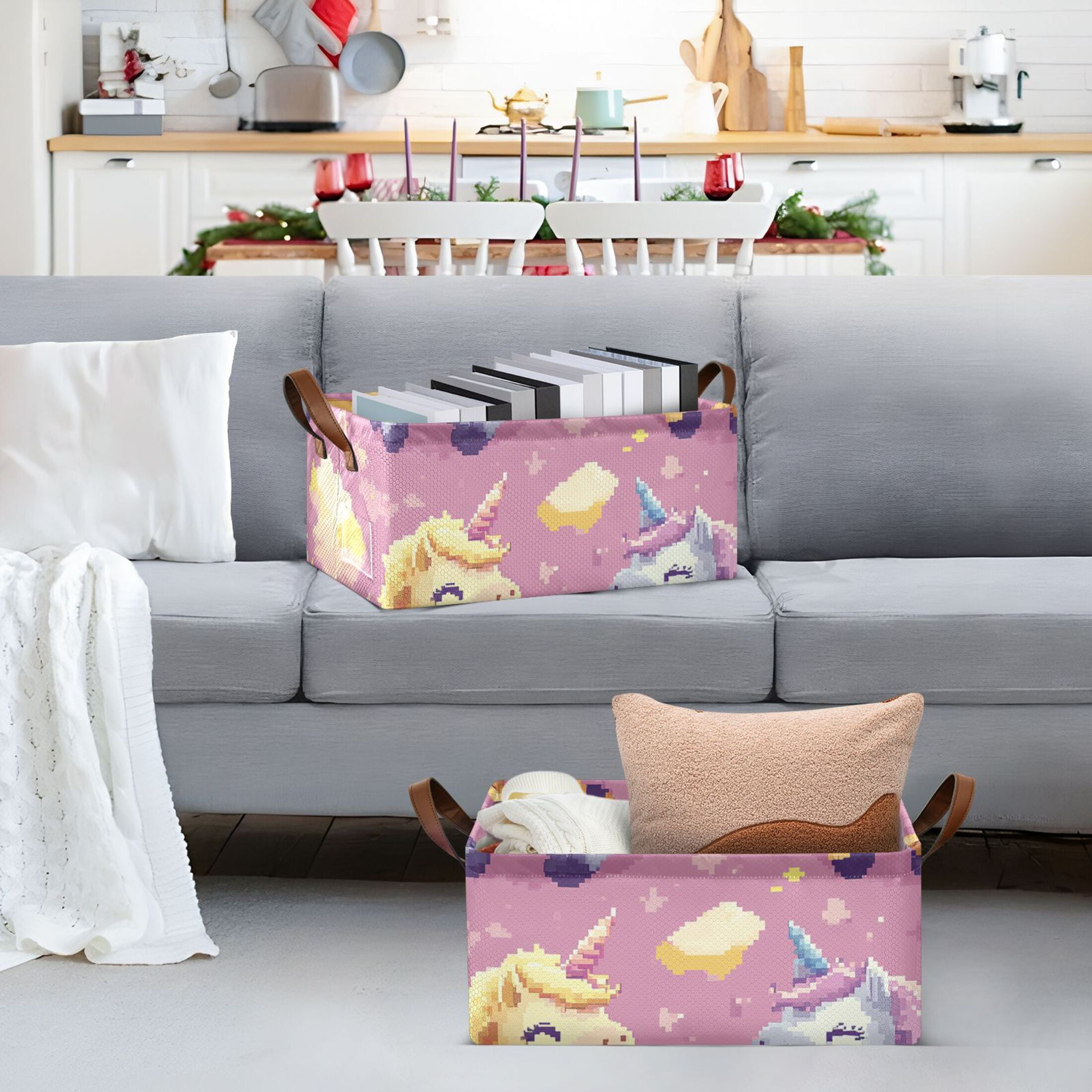 Pixel Cute Unicorns Storage Bins with Handles Foldable Storage Baskets ...