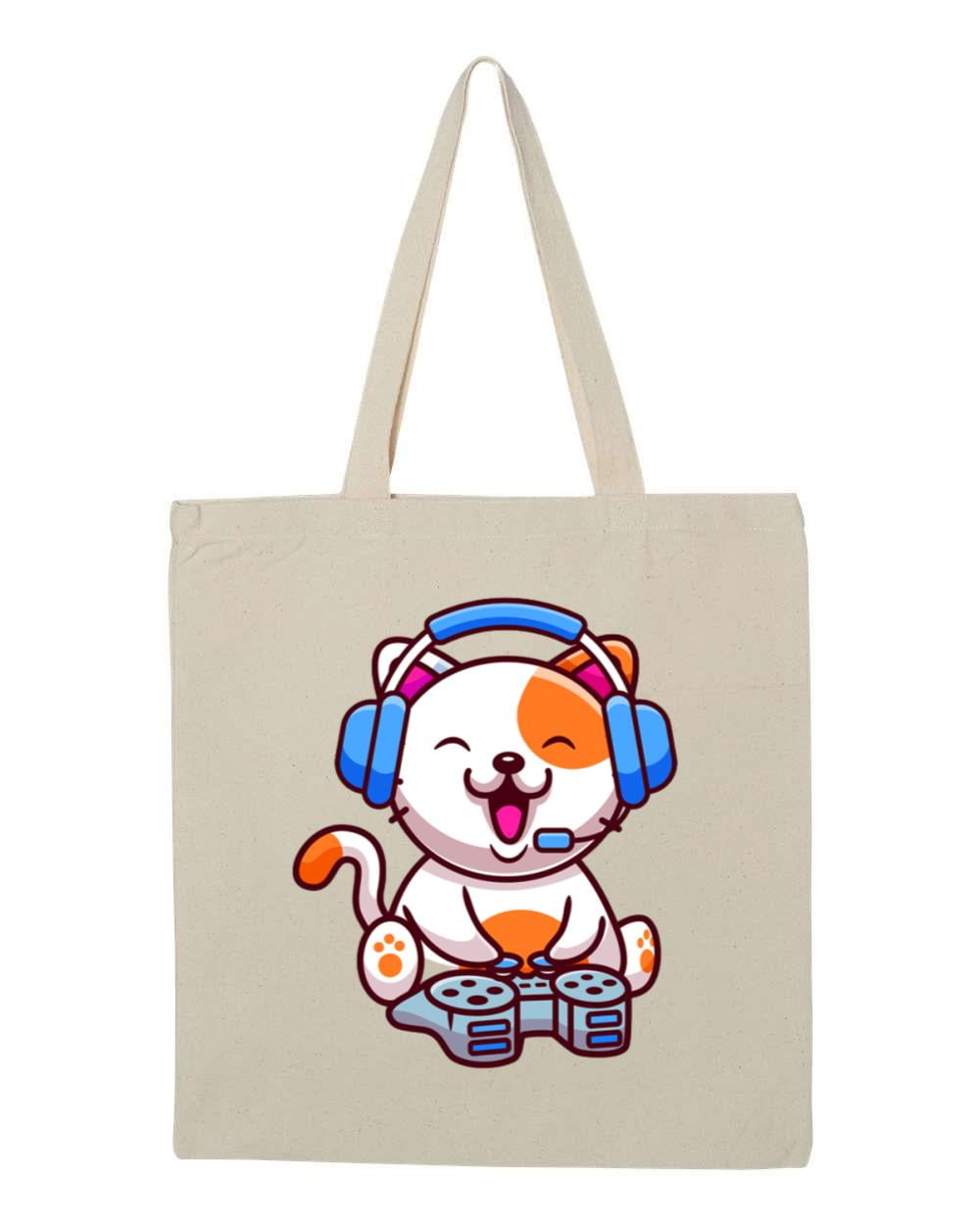 Pixel Kitty Tote Bag with Console Cat Fun in Gamer Cartoon Style ...