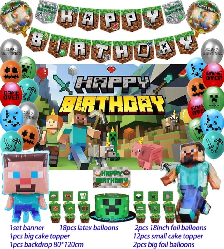 Pixel Minecraft Gaming Party Supplies Bundle with Balloons Cake Topper ...