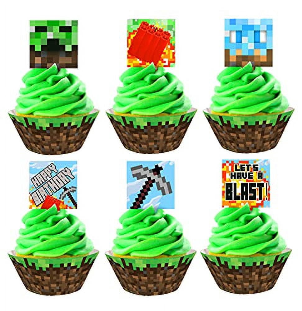 Pixel Miner Cupcake Toppers and Wrappers - 48 Pieces - 24 Cupcake ...