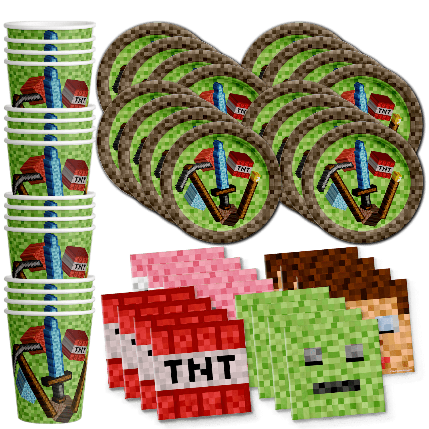 Pixel Mining World Birthday Party Kit - Plates, Napkins, Cups for 16 ...