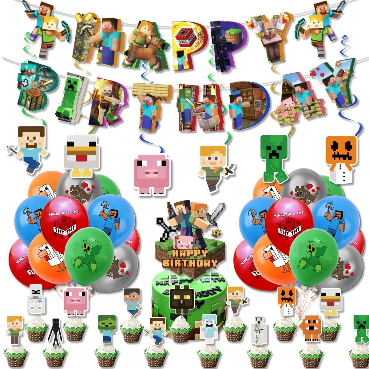 Pixel Video Game Birthday Party Decoration Set – Banner, Balloons, Cake ...
