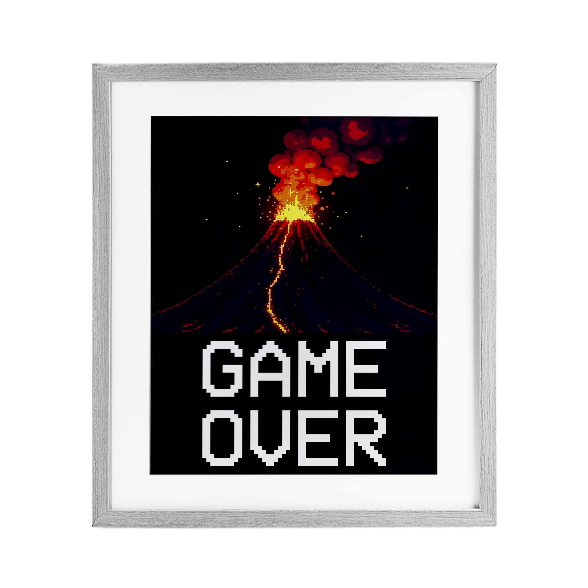 Pixel Volcano Game Over Gray Framed Print Under Glass, design by Kim ...
