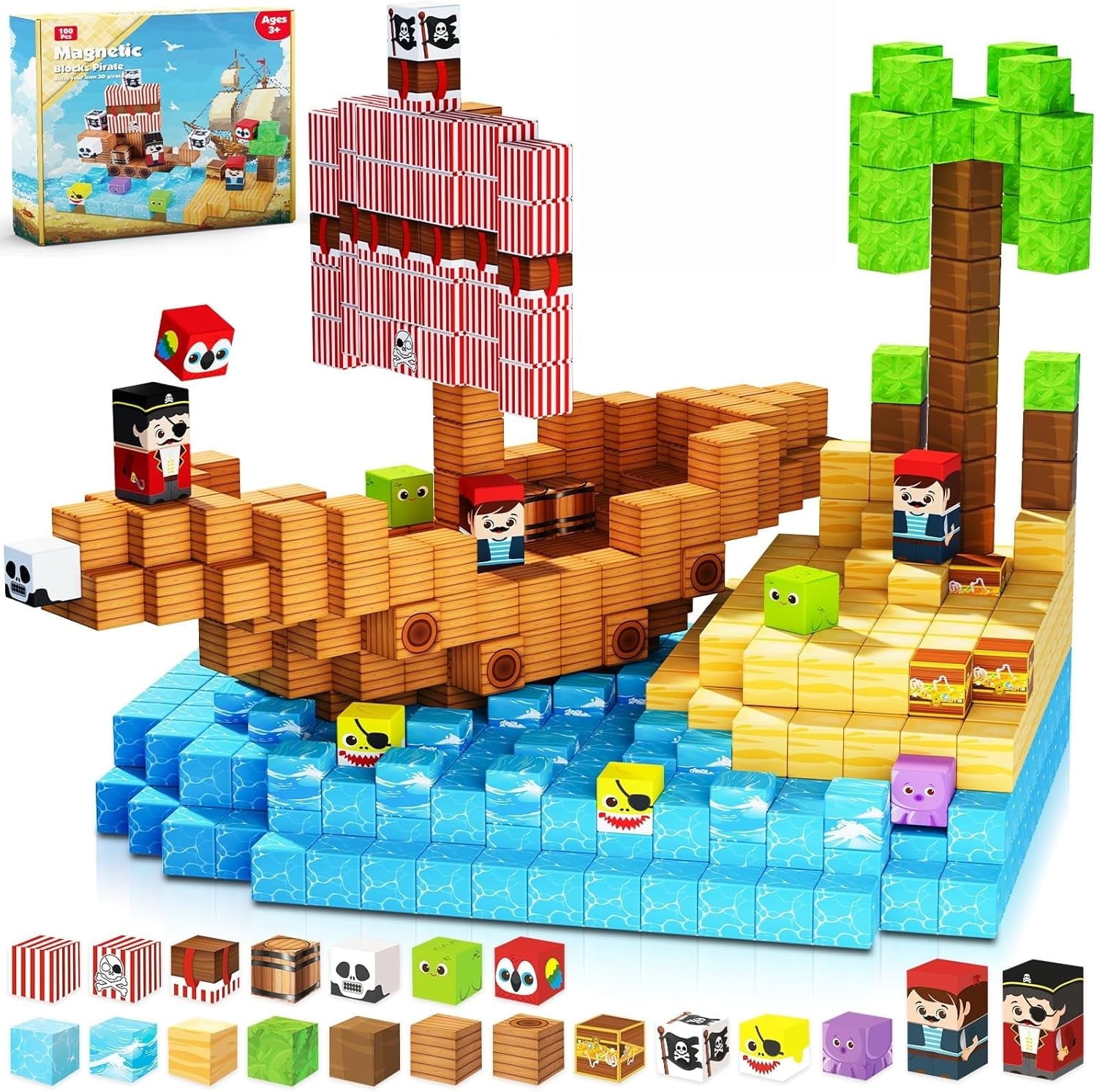 Pixelated 100PCS Magnetic Blocks Build Pirate-Ship Set, Magnetic ...