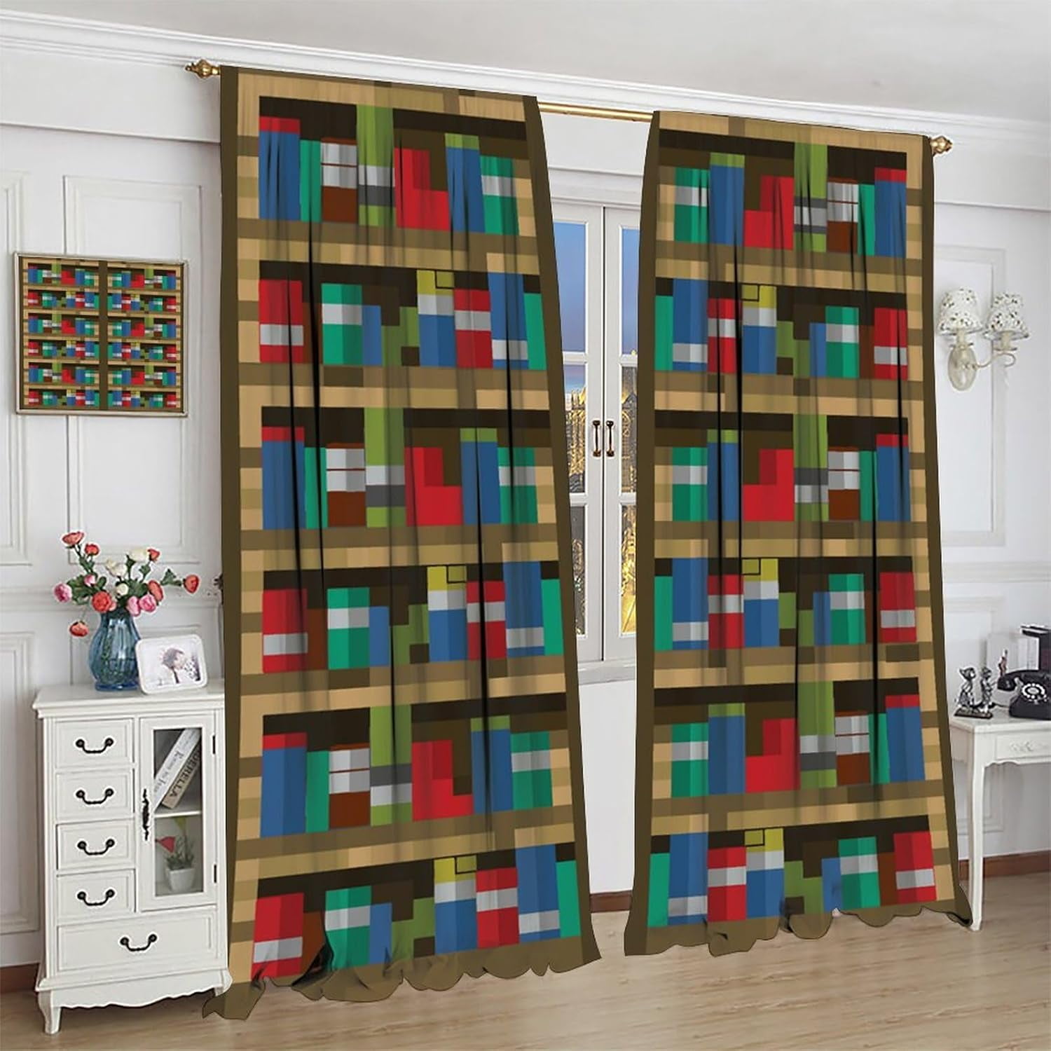 Pixelated Bookshelf Curtain for Kids, Shelf with Books in Pixel Art ...