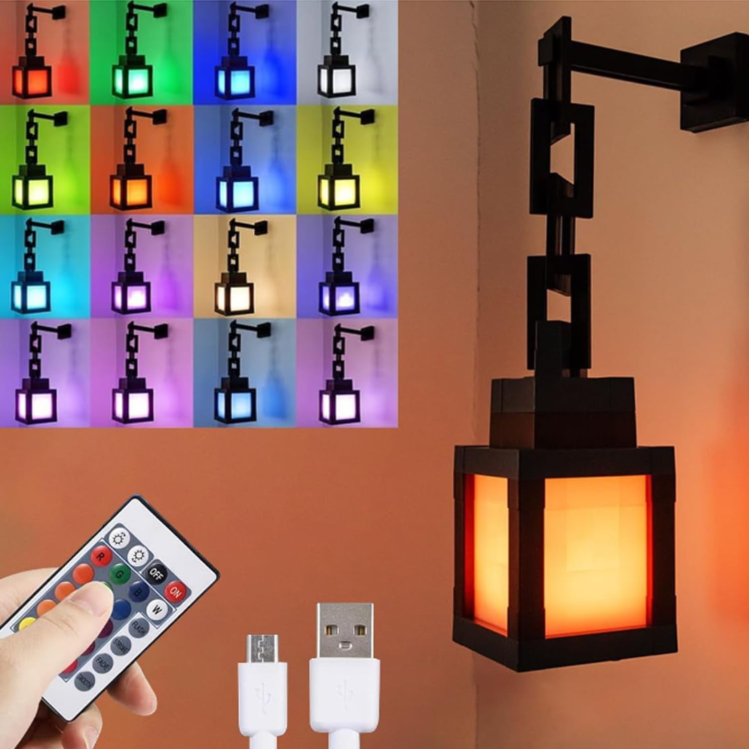 Pixelated Lantern Night Light, LED 16 Colors Change Hanging Lantern ...