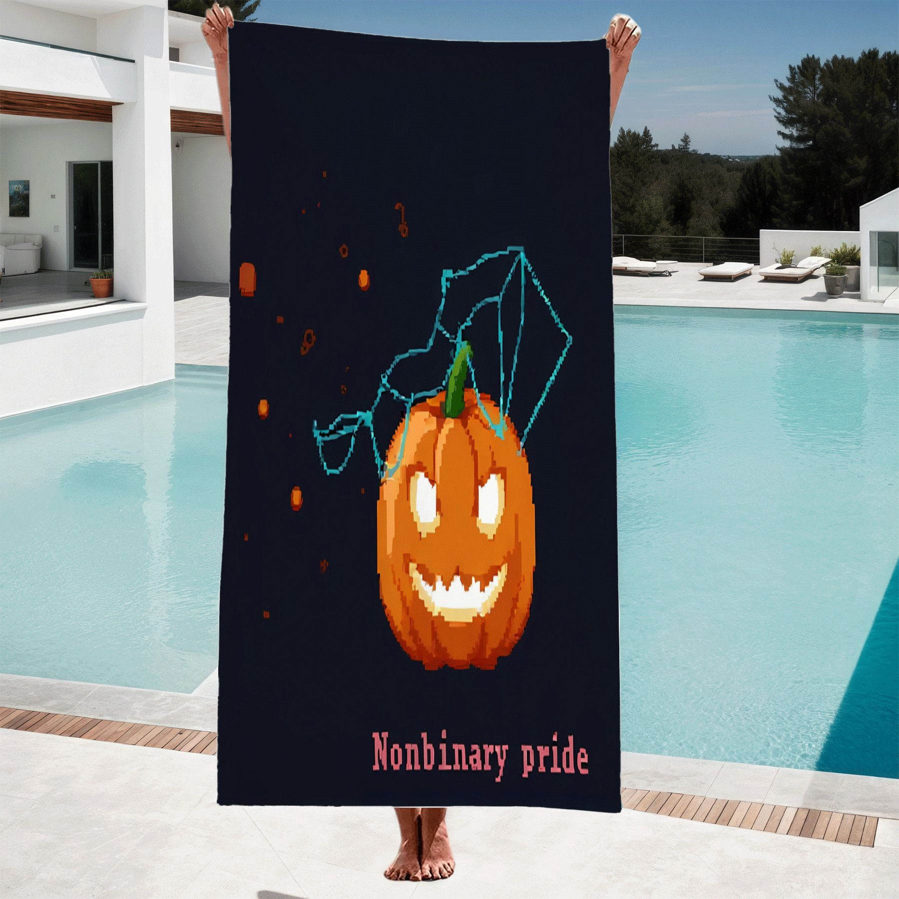 Pixelated Pumpkin Beach Towel - Menacing Grin Design with Blue Energy ...