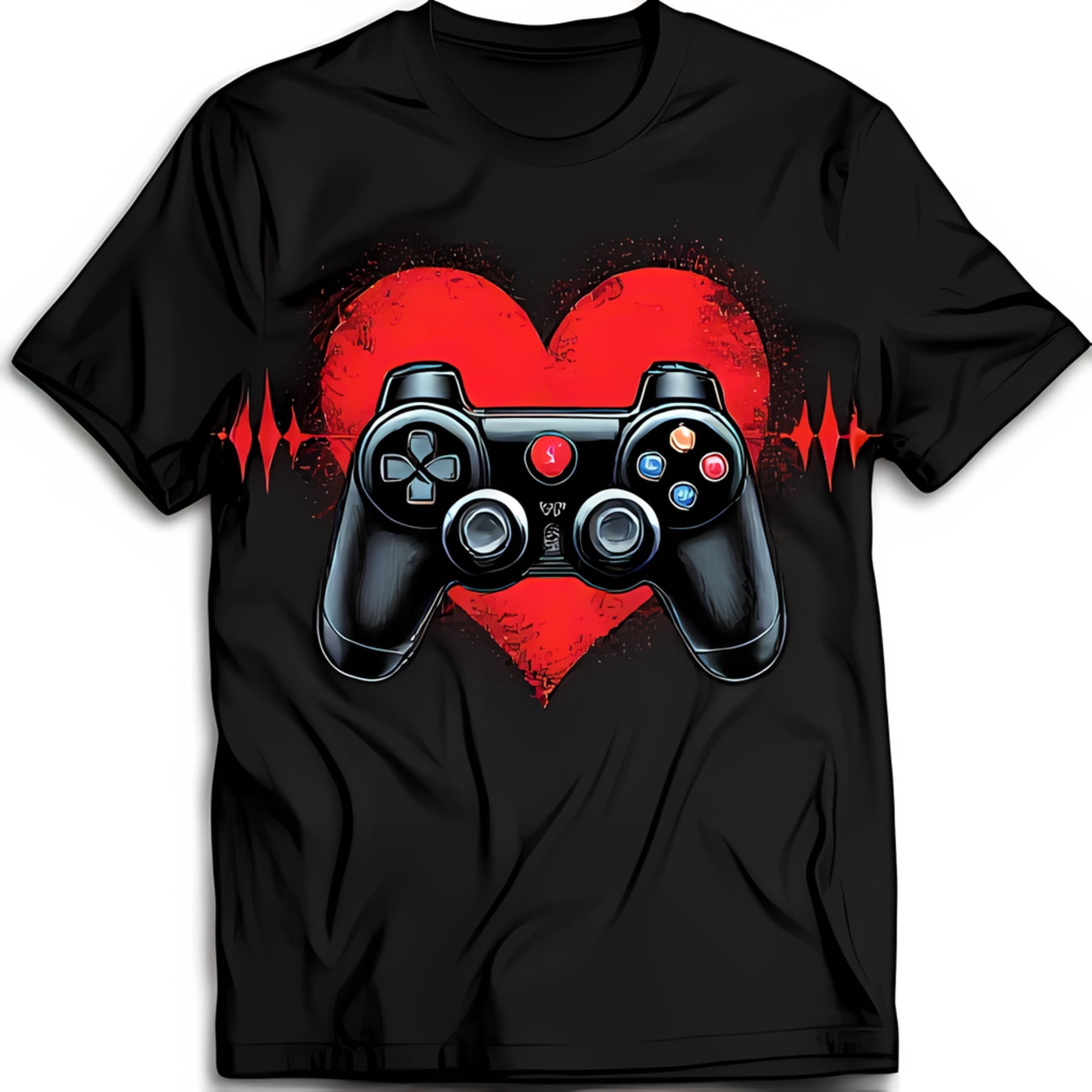 Pixelated Red Heart Graphic Black T-Shirt with Black Controller Design ...
