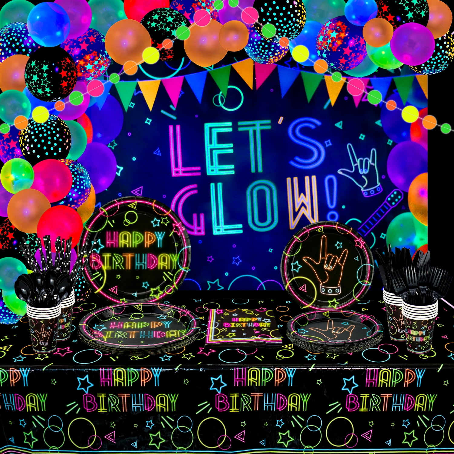 Fluorescent Birthday Kit - 243 Pcs Neon Party Supplies for Glow-Themed ...
