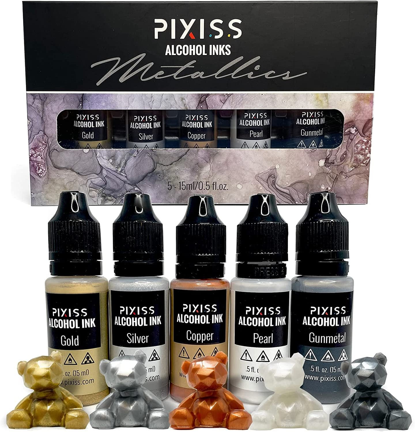 Pixiss Metallic Alcohol Ink Set, Gold, Silver, Gunmetal, Copper, Pearl ...