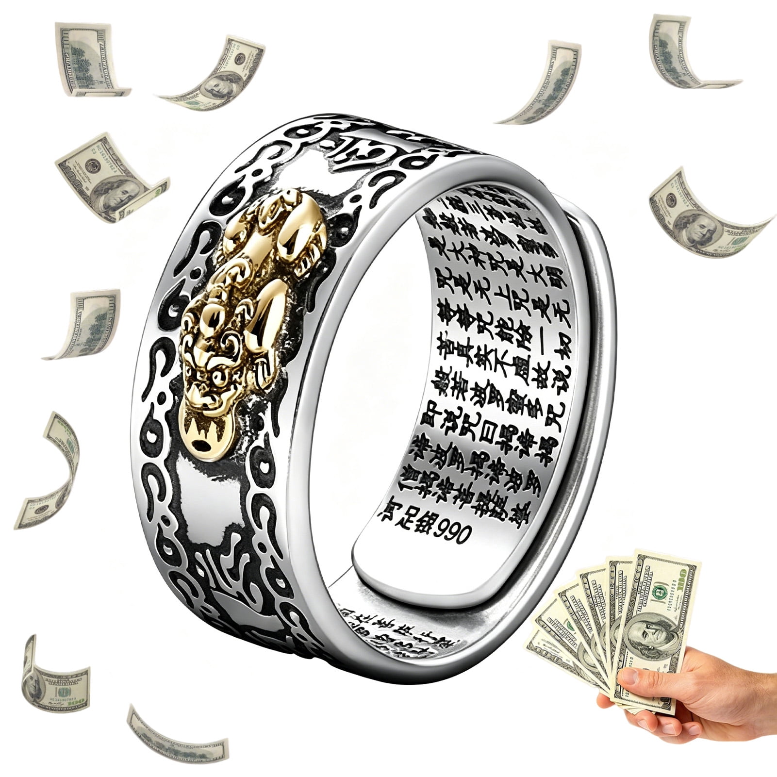 Pixiu Fen Shui Ring for Good Luck, Wealth & Protection - Adjustable ...